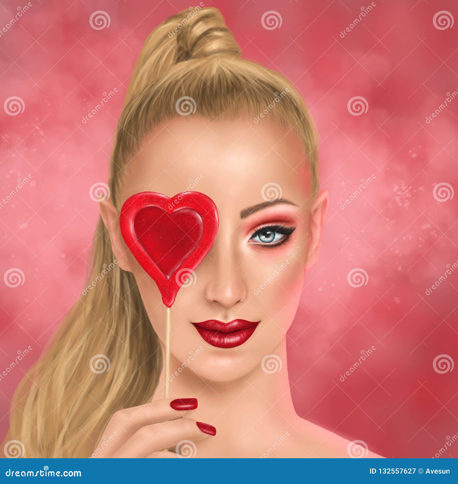 Woman With Candy, Pretty Young Woman Eating Sweet Candy On Abstract ...