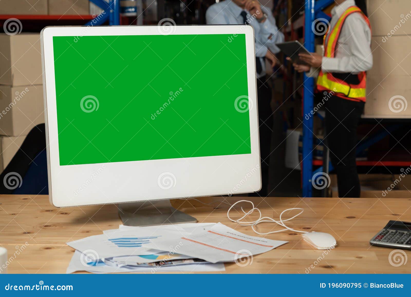 Computer with Green Screen Display in Warehouse Storage Room Stock ...
