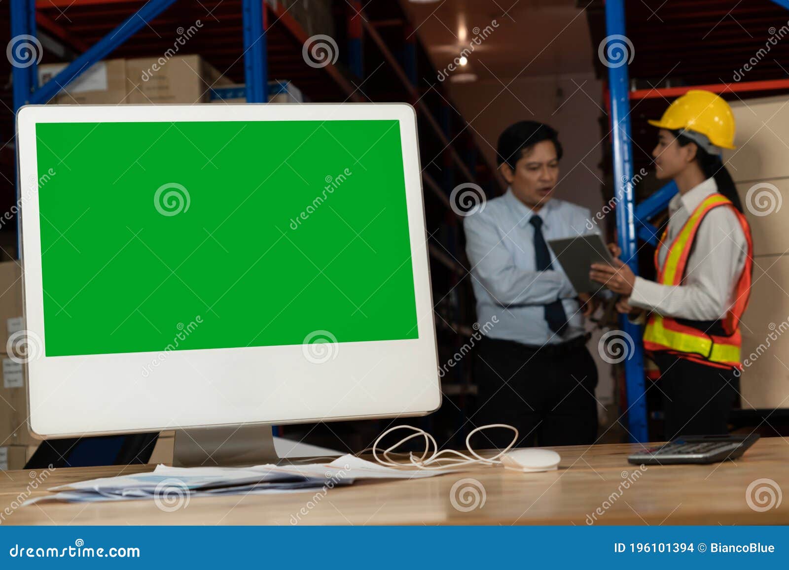Computer with Green Screen Display in Warehouse Storage Room Stock ...