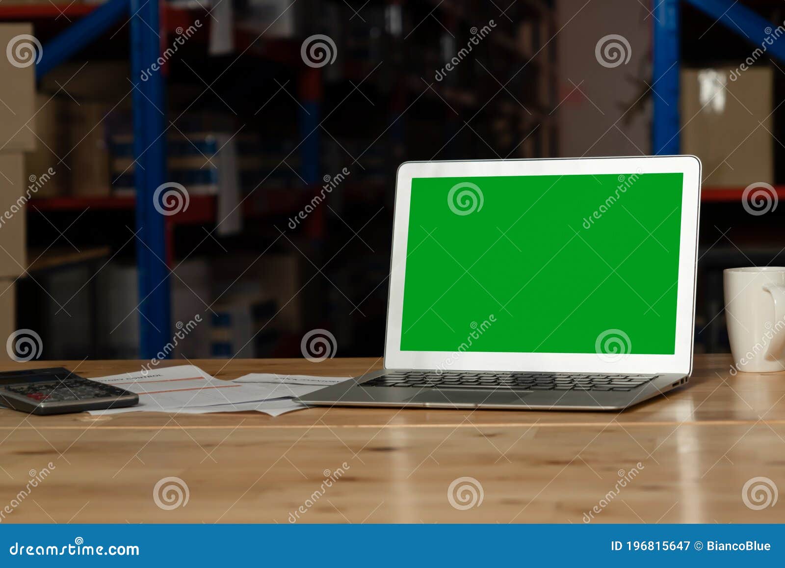 Computer with Green Screen Display in Warehouse Storage Room Stock ...