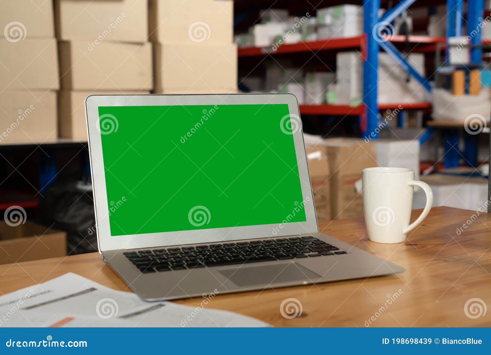Computer with Green Screen Display in Warehouse Storage Room Stock ...
