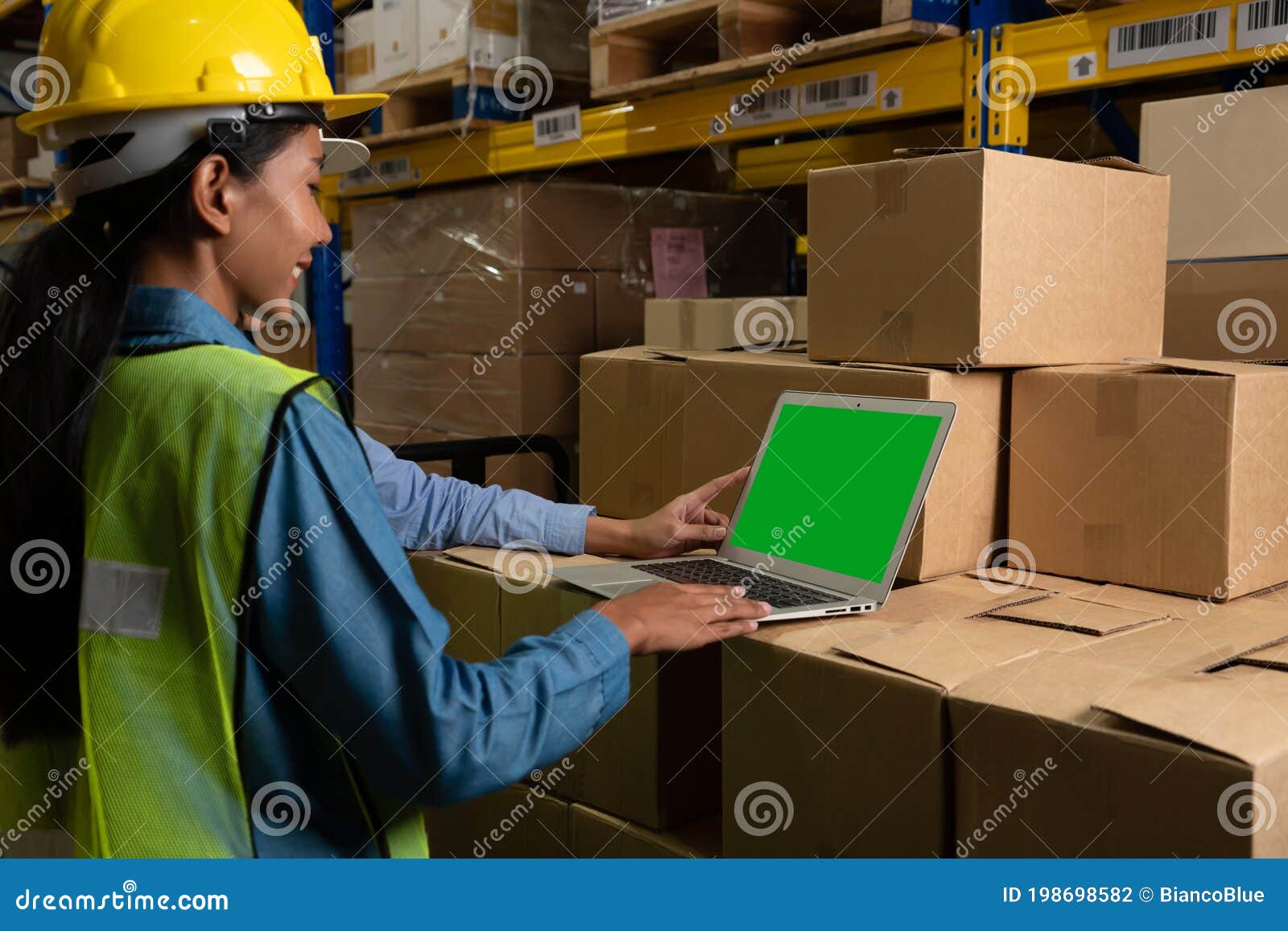 Computer with Green Screen Display in Warehouse Storage Room Stock ...