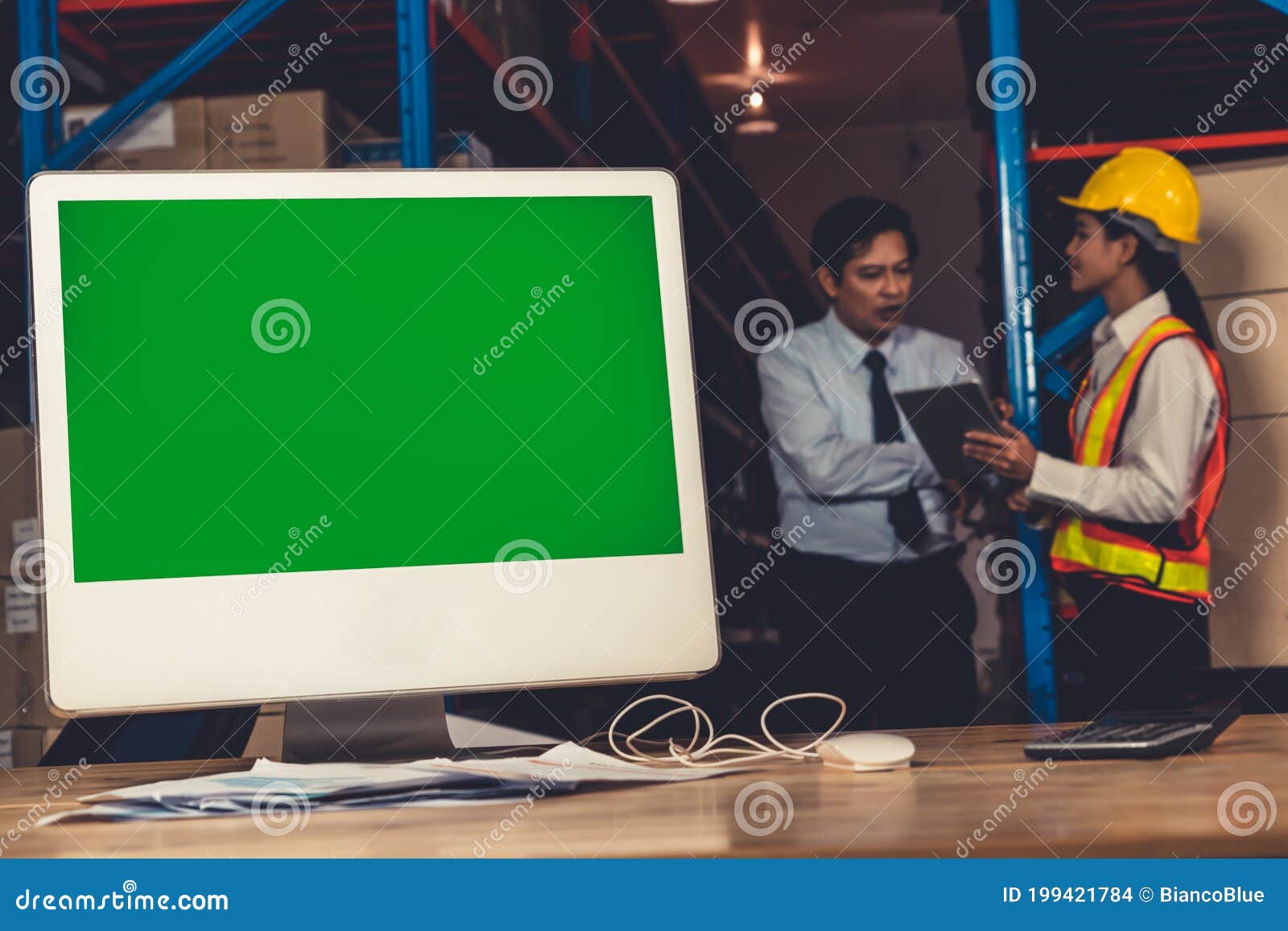 Computer with Green Screen Display in Warehouse Storage Room Stock ...