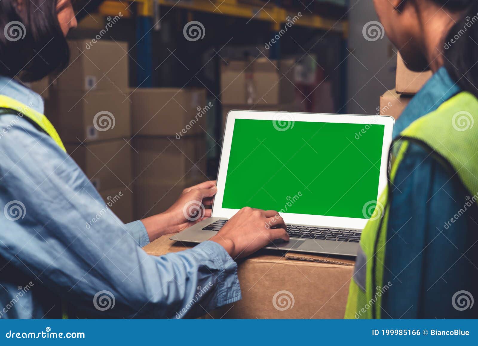 Computer with Green Screen Display in Warehouse Storage Room Stock ...