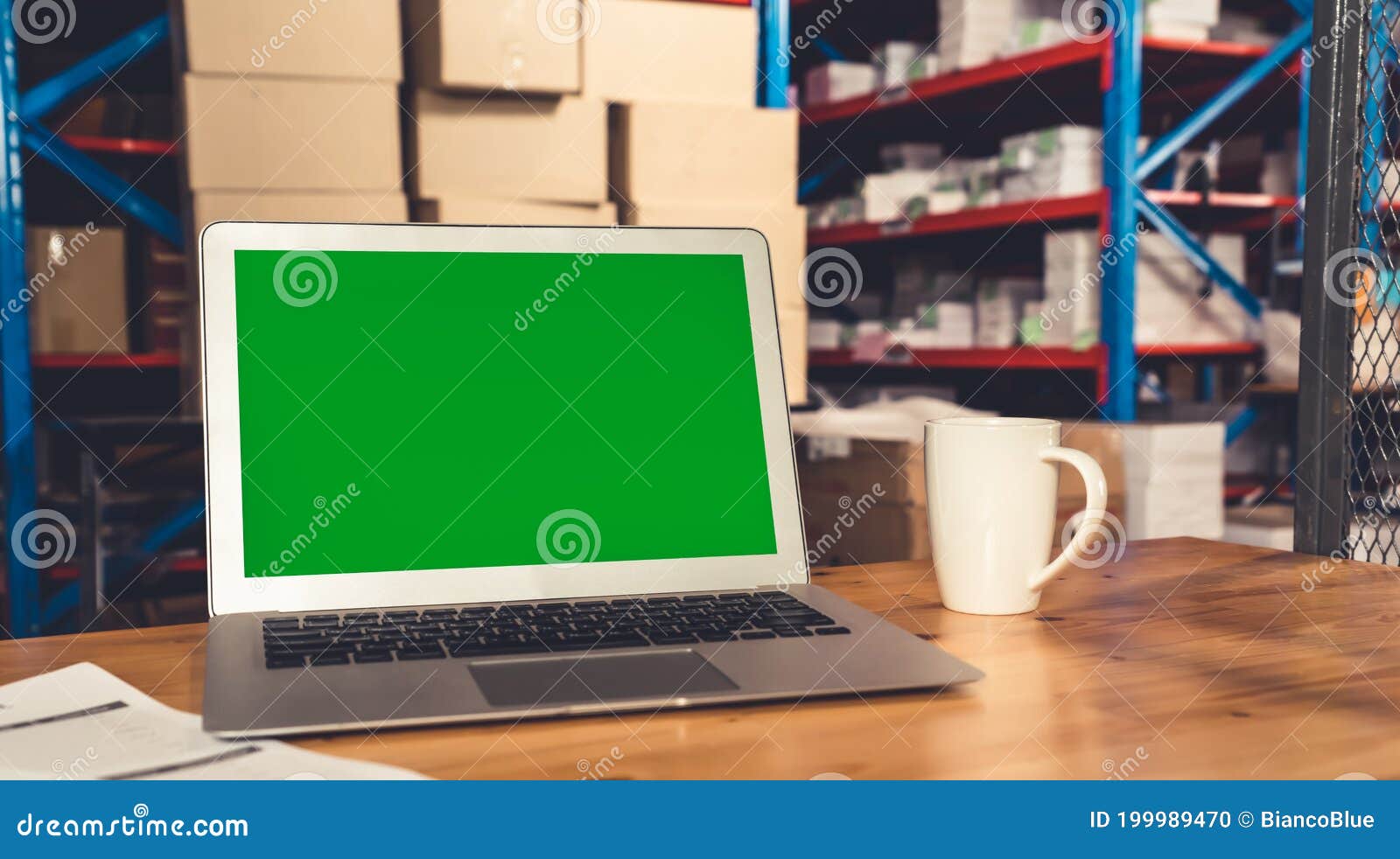 Computer with Green Screen Display in Warehouse Storage Room Stock ...