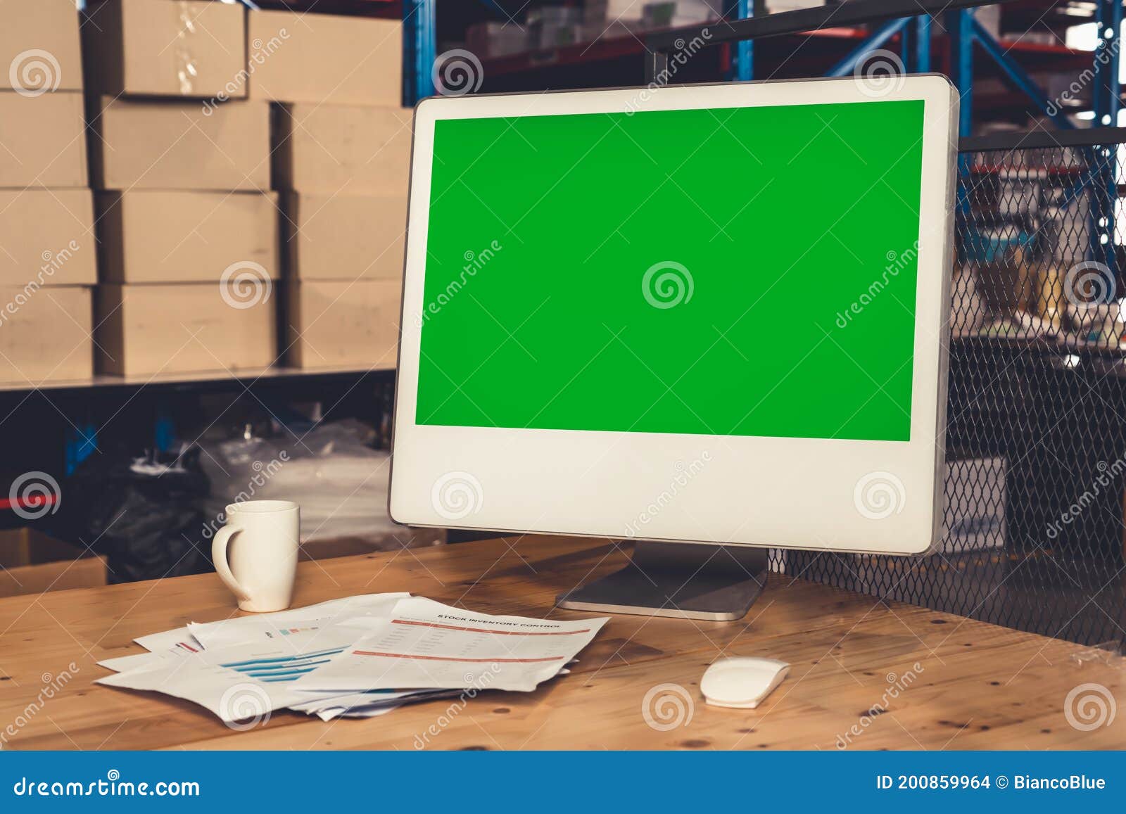 Computer with Green Screen Display in Warehouse Storage Room Stock ...