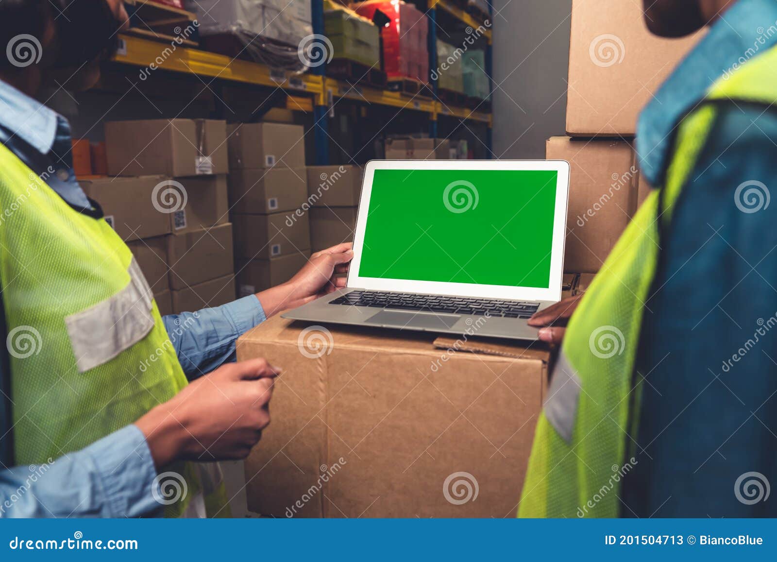 Computer with Green Screen Display in Warehouse Storage Room Stock ...