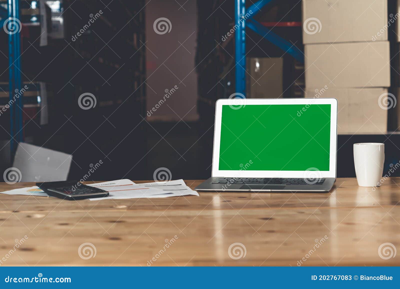 Computer with Green Screen Display in Warehouse Storage Room Stock ...