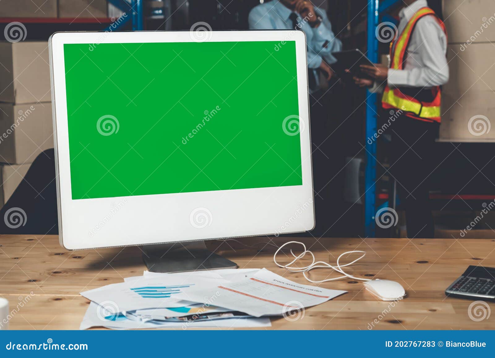 Computer with Green Screen Display in Warehouse Storage Room Stock ...