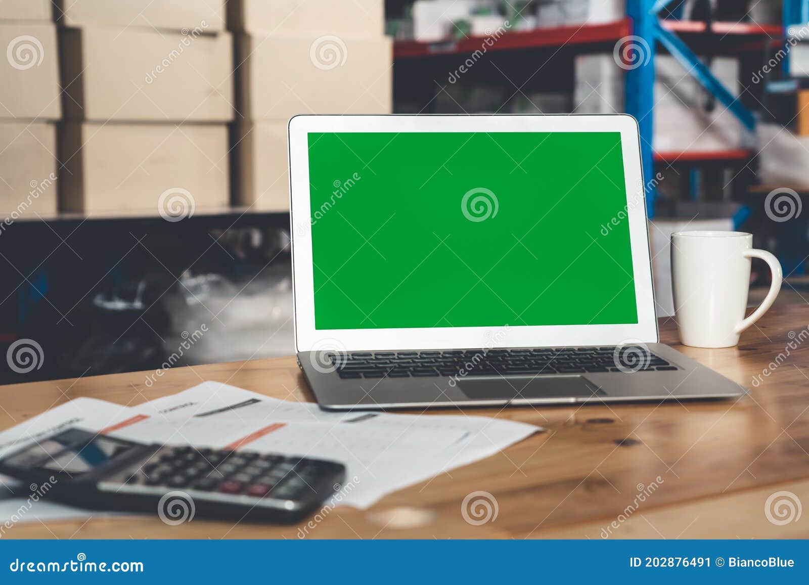 Computer with Green Screen Display in Warehouse Storage Room Stock ...