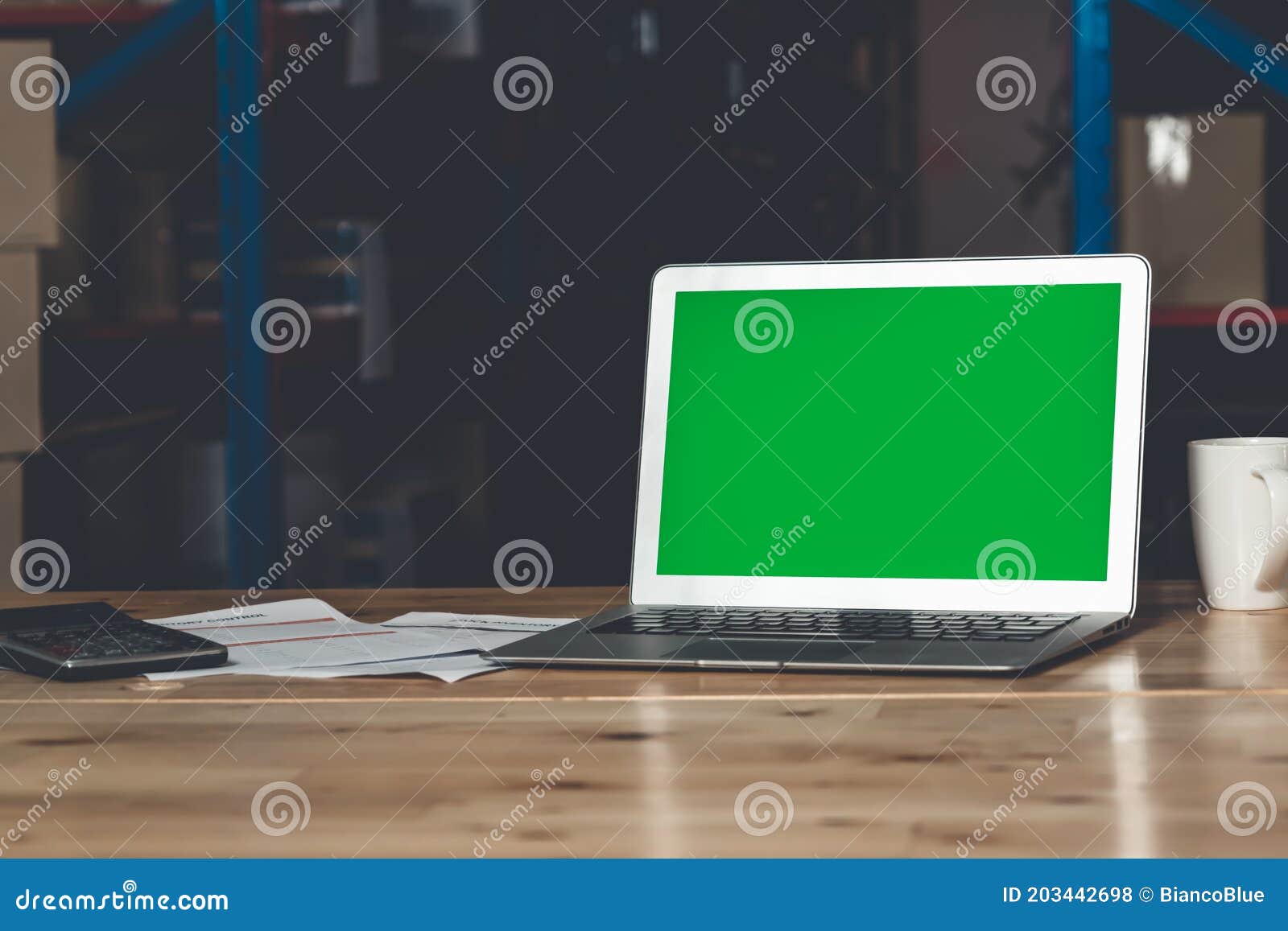 Computer with Green Screen Display in Warehouse Storage Room Stock ...
