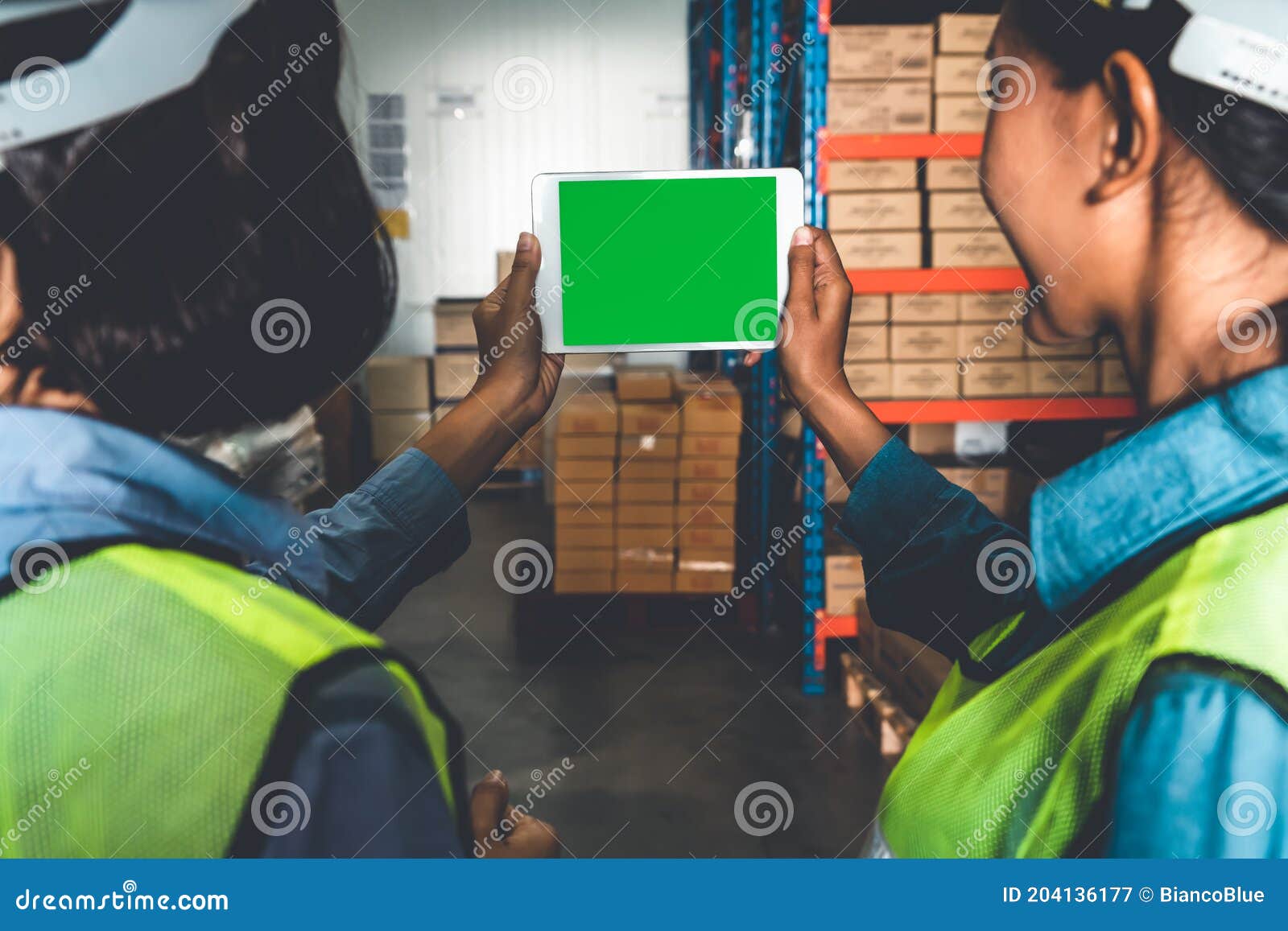 Computer with Green Screen Display in Warehouse Storage Room Stock ...