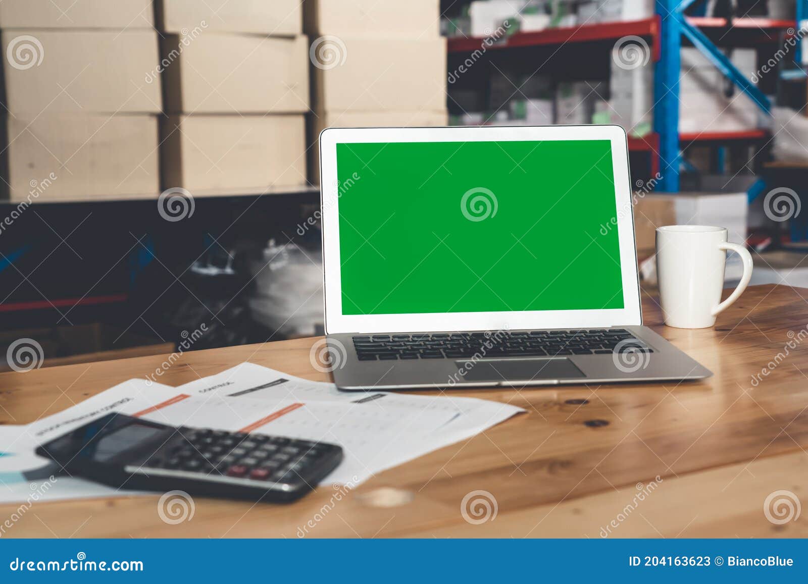 Computer with Green Screen Display in Warehouse Storage Room Stock ...
