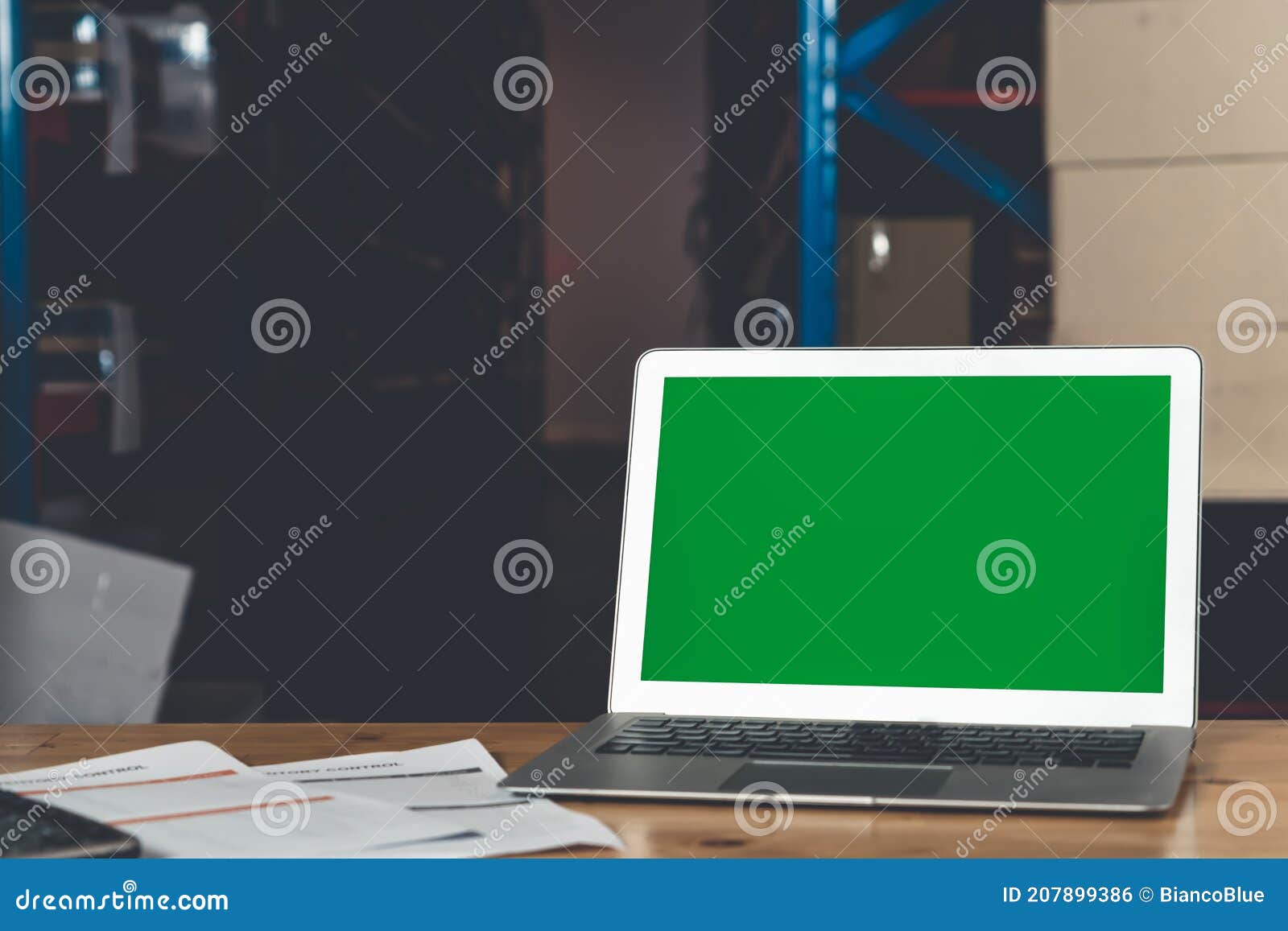 Computer with Green Screen Display in Warehouse Storage Room Stock ...