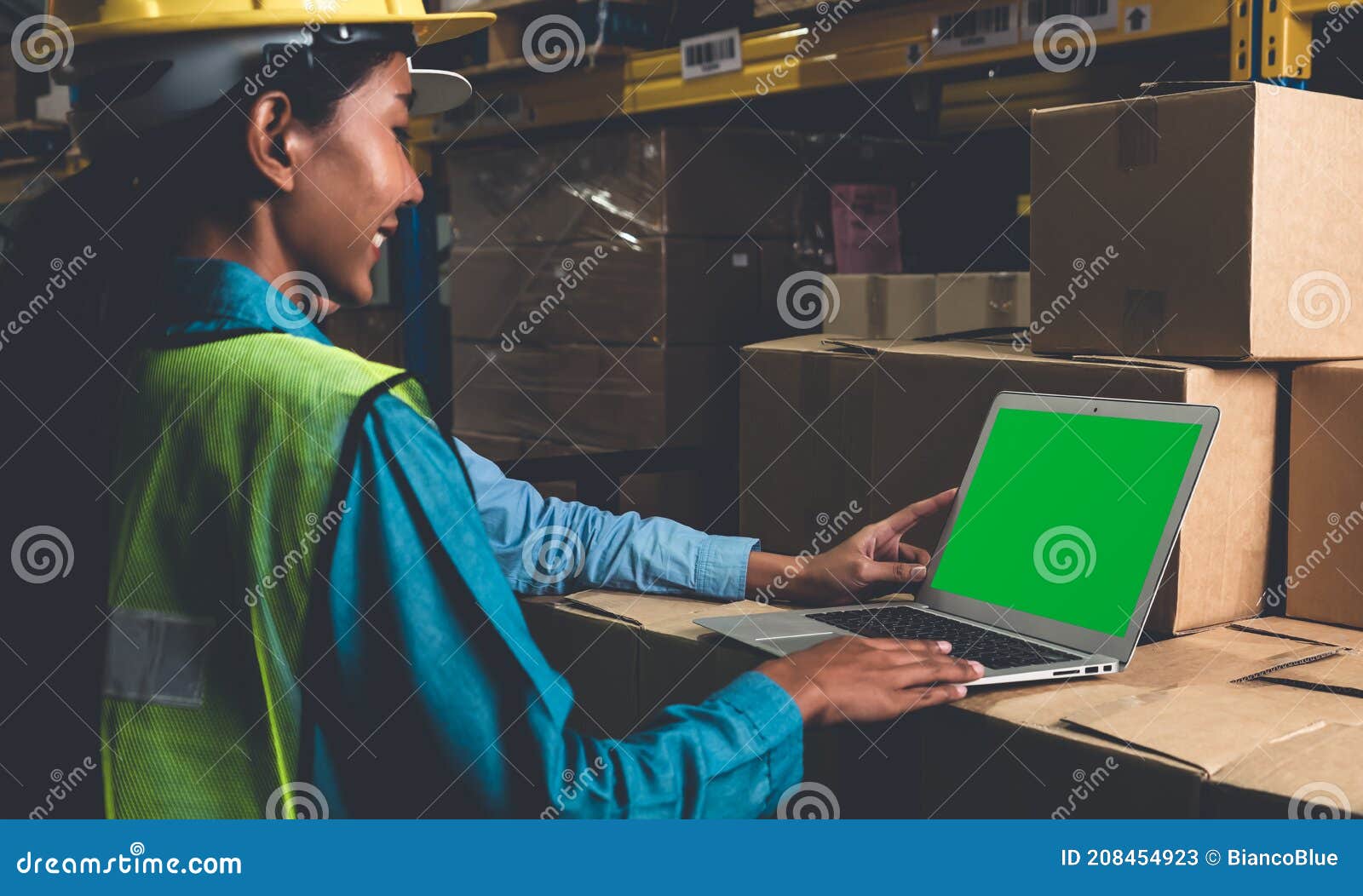 Computer with Green Screen Display in Warehouse Storage Room Stock ...