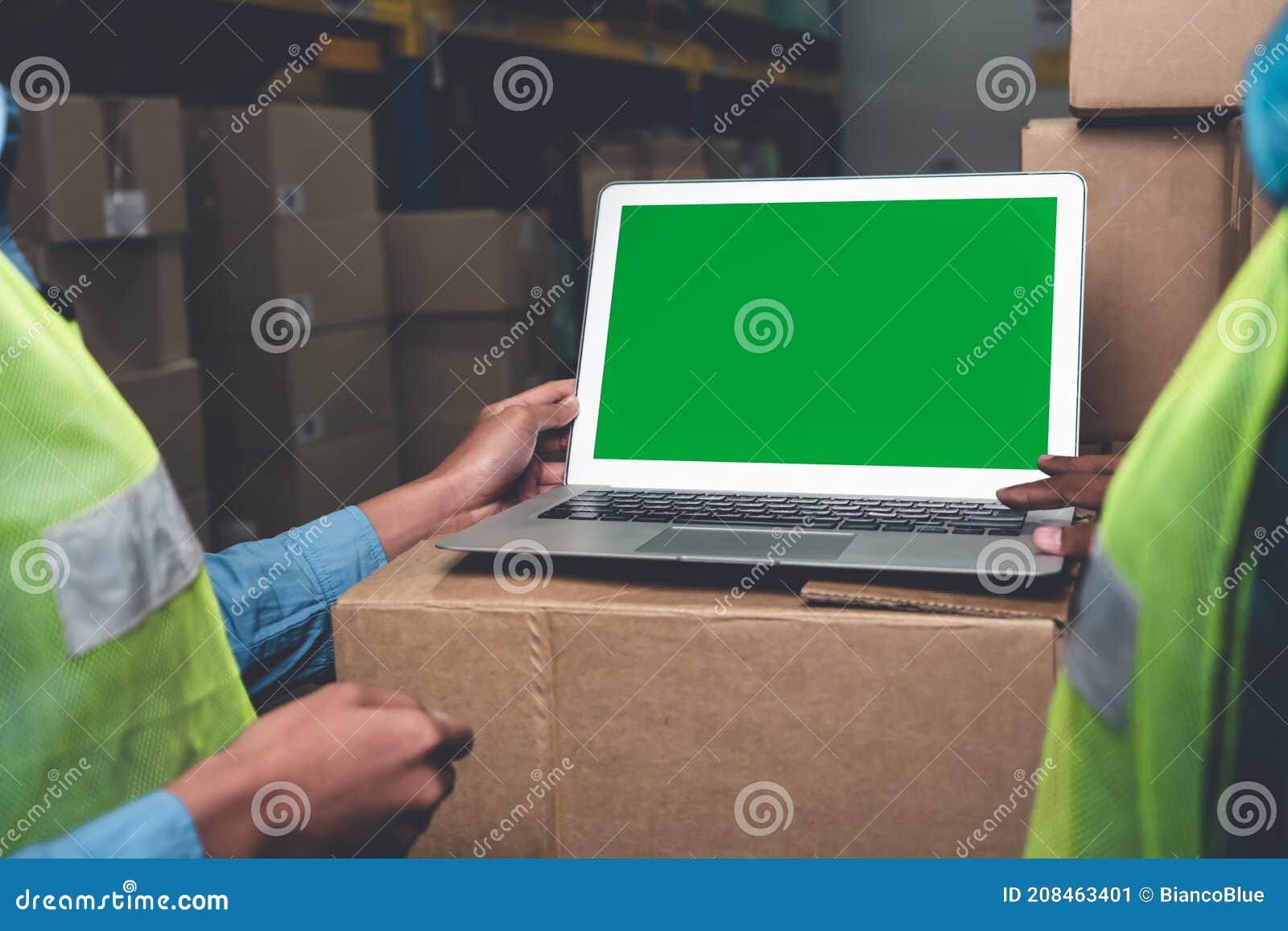 Computer with Green Screen Display in Warehouse Storage Room Stock ...