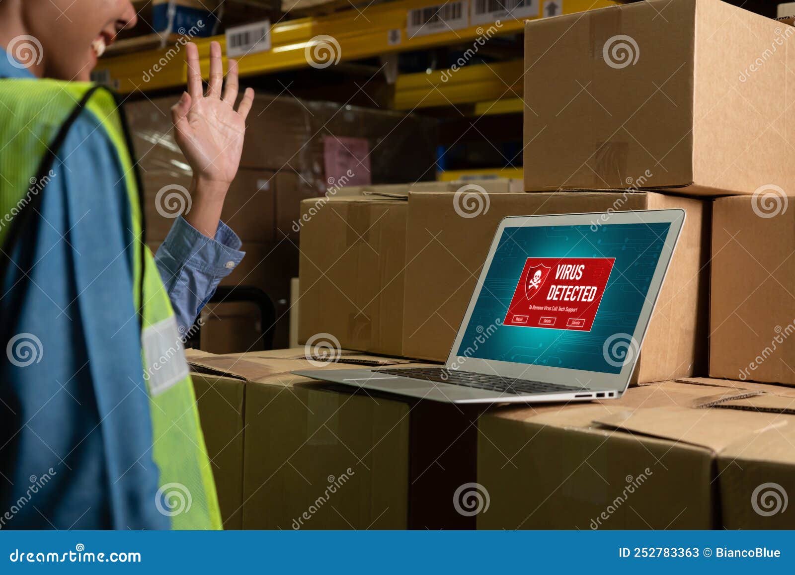 Computer with Green Screen Display in Warehouse Storage Room Stock ...