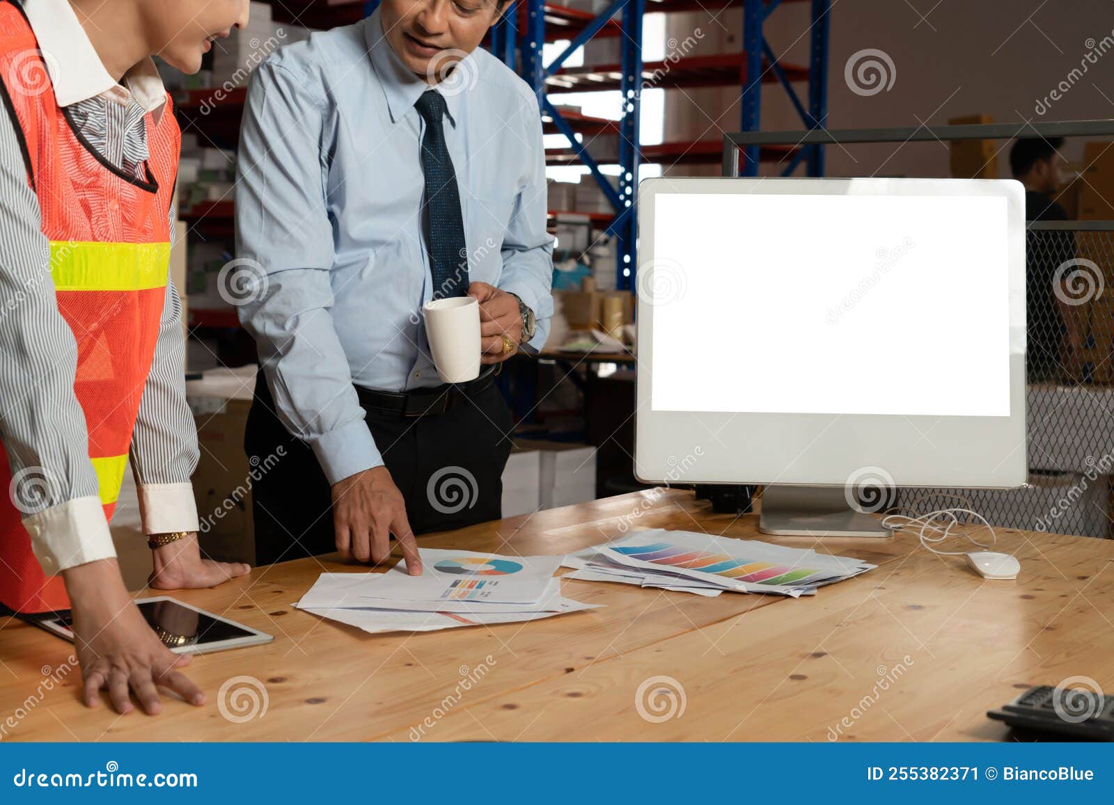 Computer with Green Screen Display in Warehouse Storage Room Stock ...