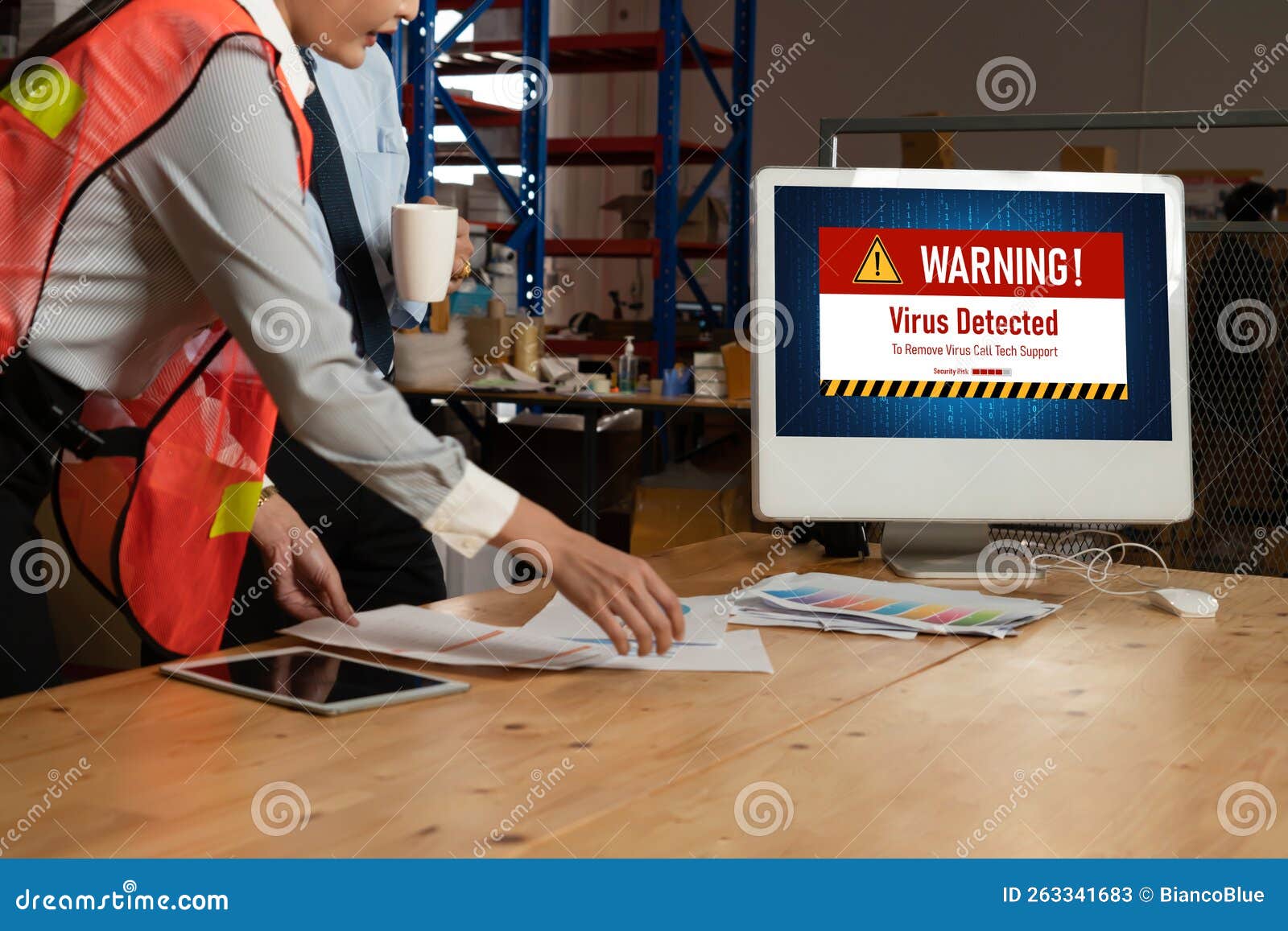 Computer with Green Screen Display in Warehouse Storage Room Stock ...