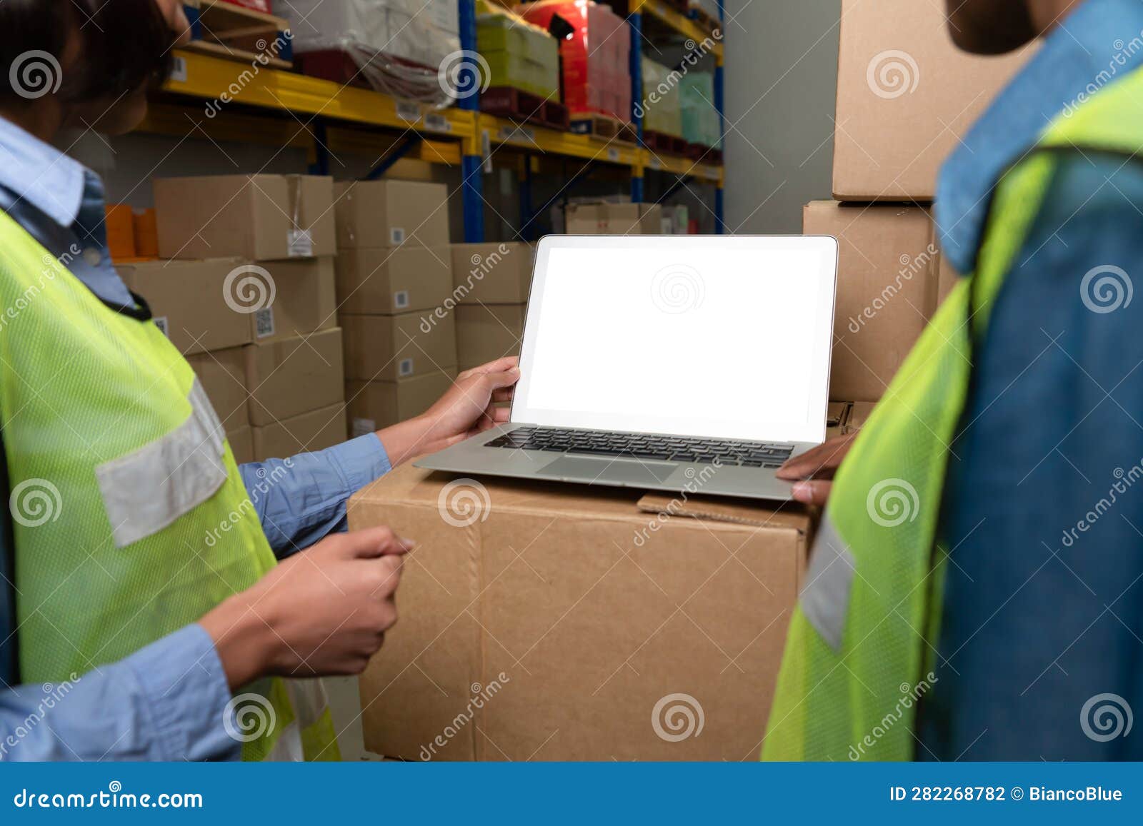 Computer with Green Screen Display in Warehouse Storage Room Stock ...