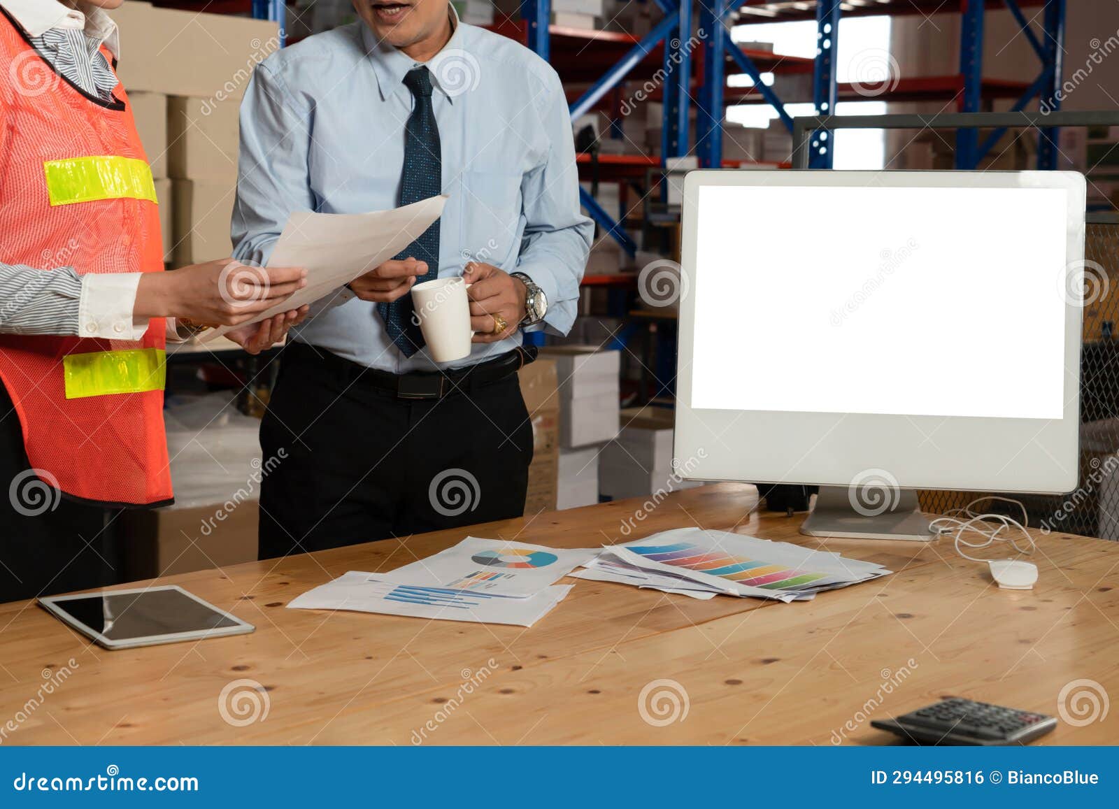 Computer with Green Screen Display in Warehouse Storage Room Stock ...