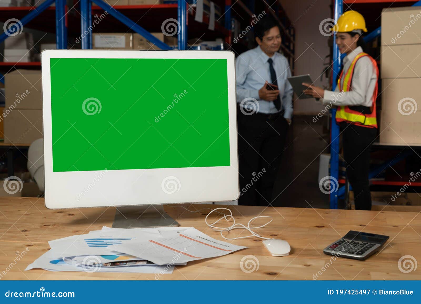 Computer with Green Screen Display in Warehouse Storage Room Stock ...