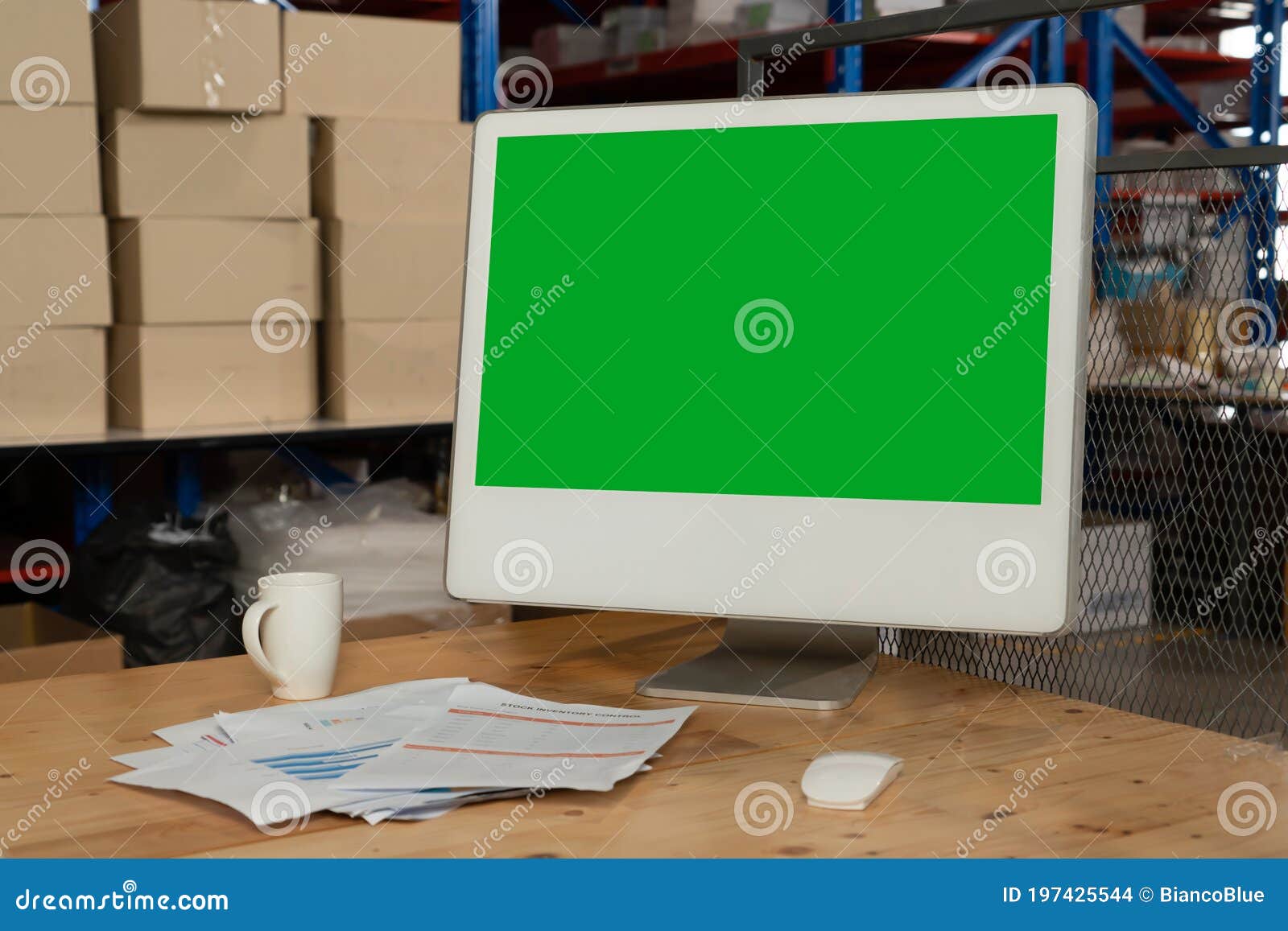 Computer with Green Screen Display in Warehouse Storage Room Stock ...