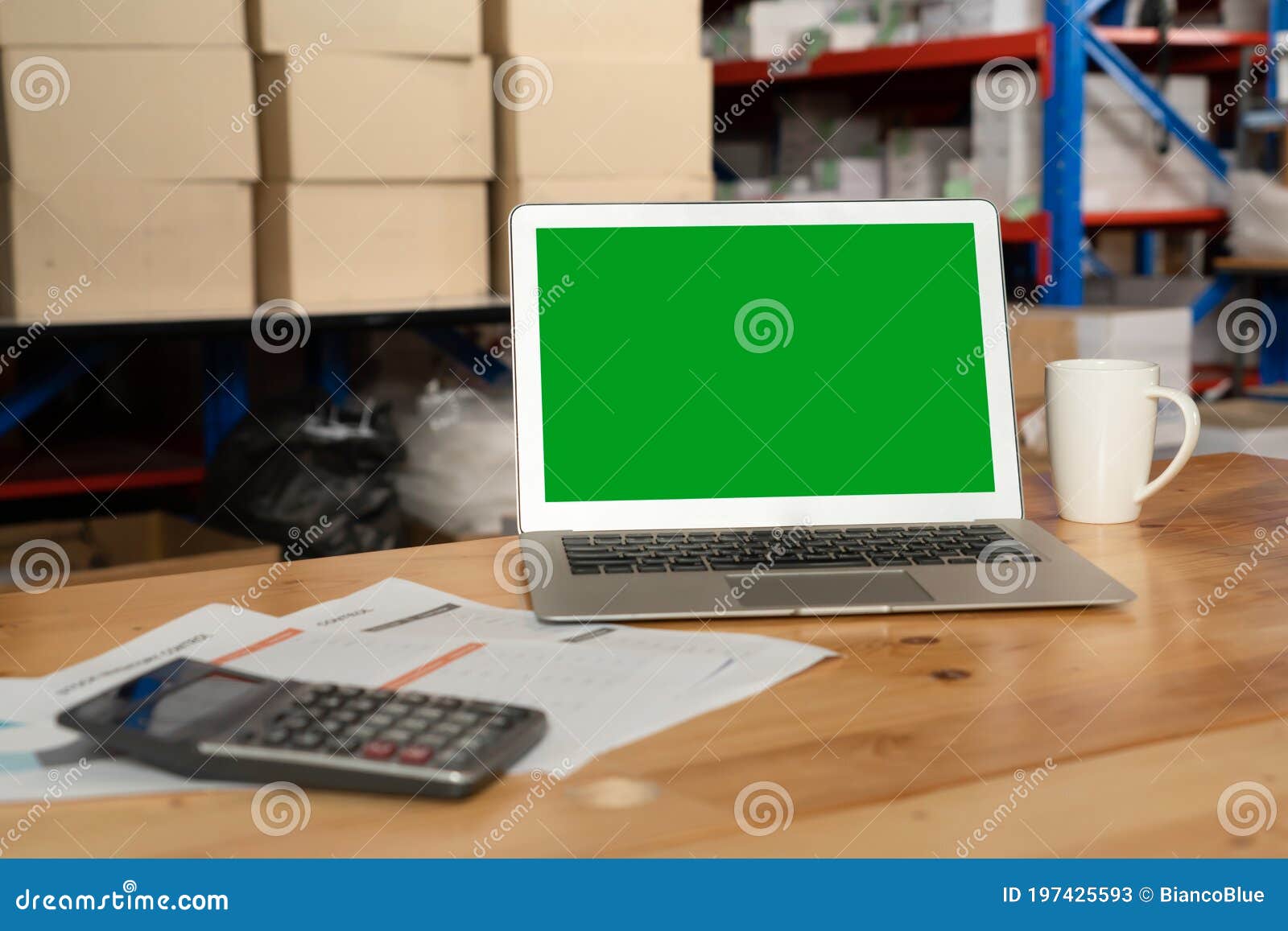 Computer with Green Screen Display in Warehouse Storage Room Stock ...