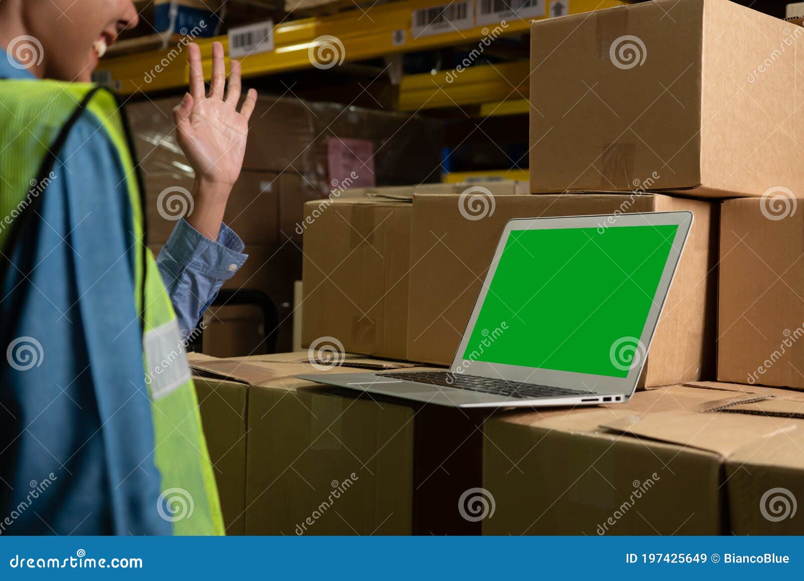 Computer with Green Screen Display in Warehouse Storage Room Stock ...