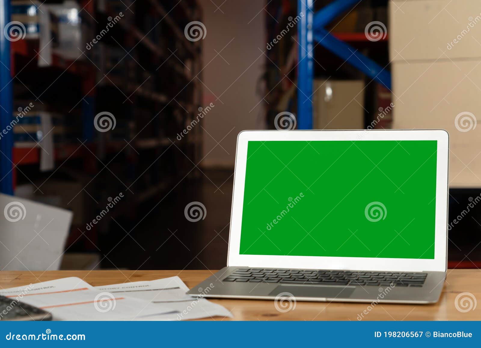Computer with Green Screen Display in Warehouse Storage Room Stock ...