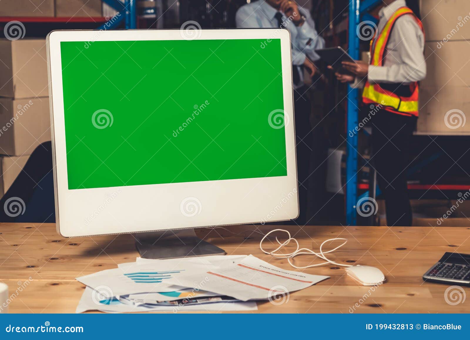 Computer with Green Screen Display in Warehouse Storage Room Stock ...