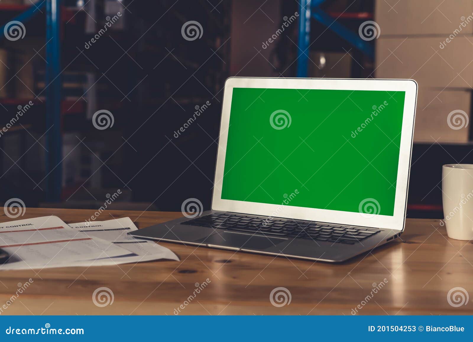 Computer with Green Screen Display in Warehouse Storage Room Stock ...
