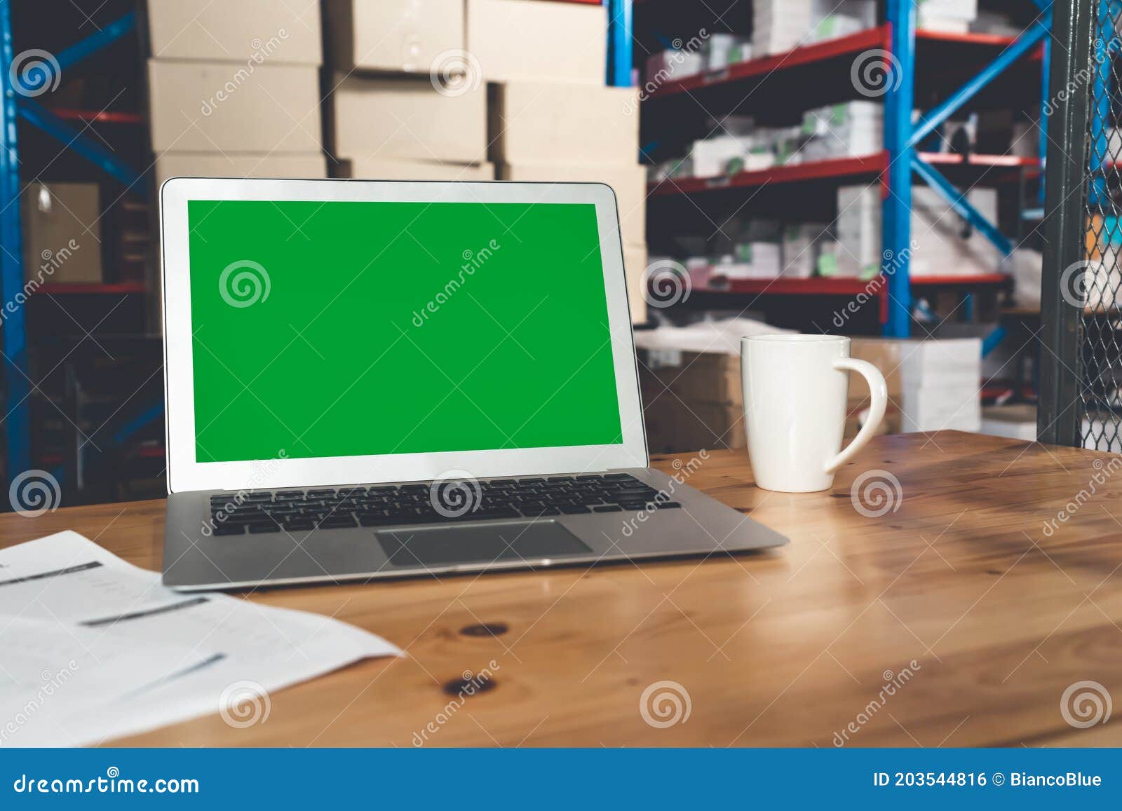Computer with Green Screen Display in Warehouse Storage Room Stock ...