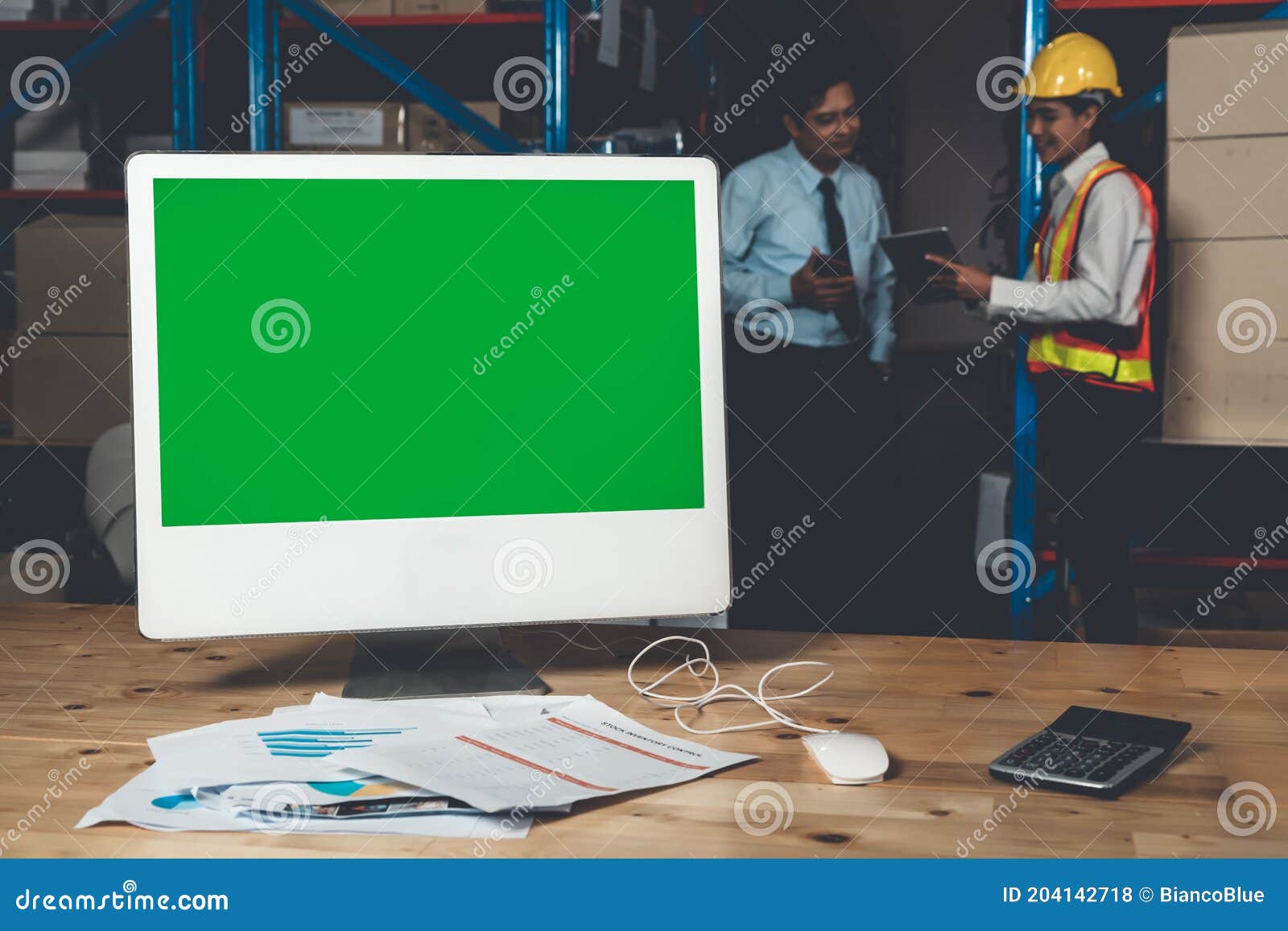 Computer with Green Screen Display in Warehouse Storage Room Stock ...