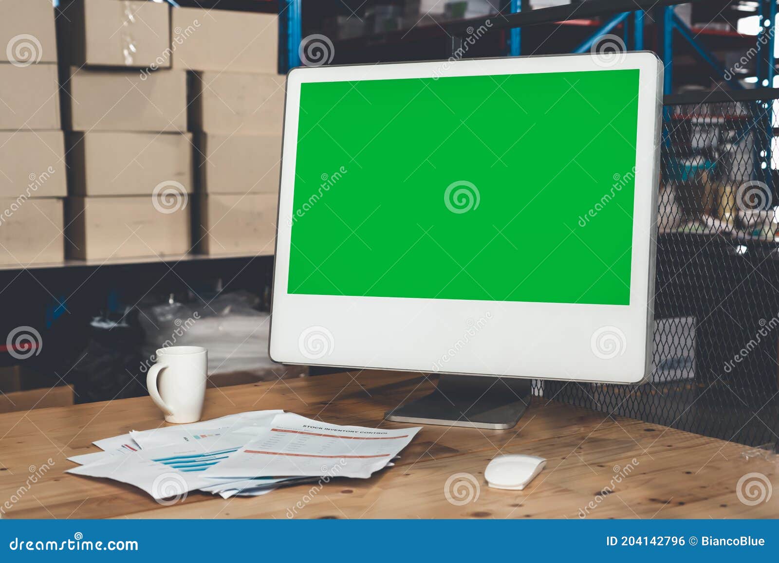 Computer with Green Screen Display in Warehouse Storage Room Stock ...