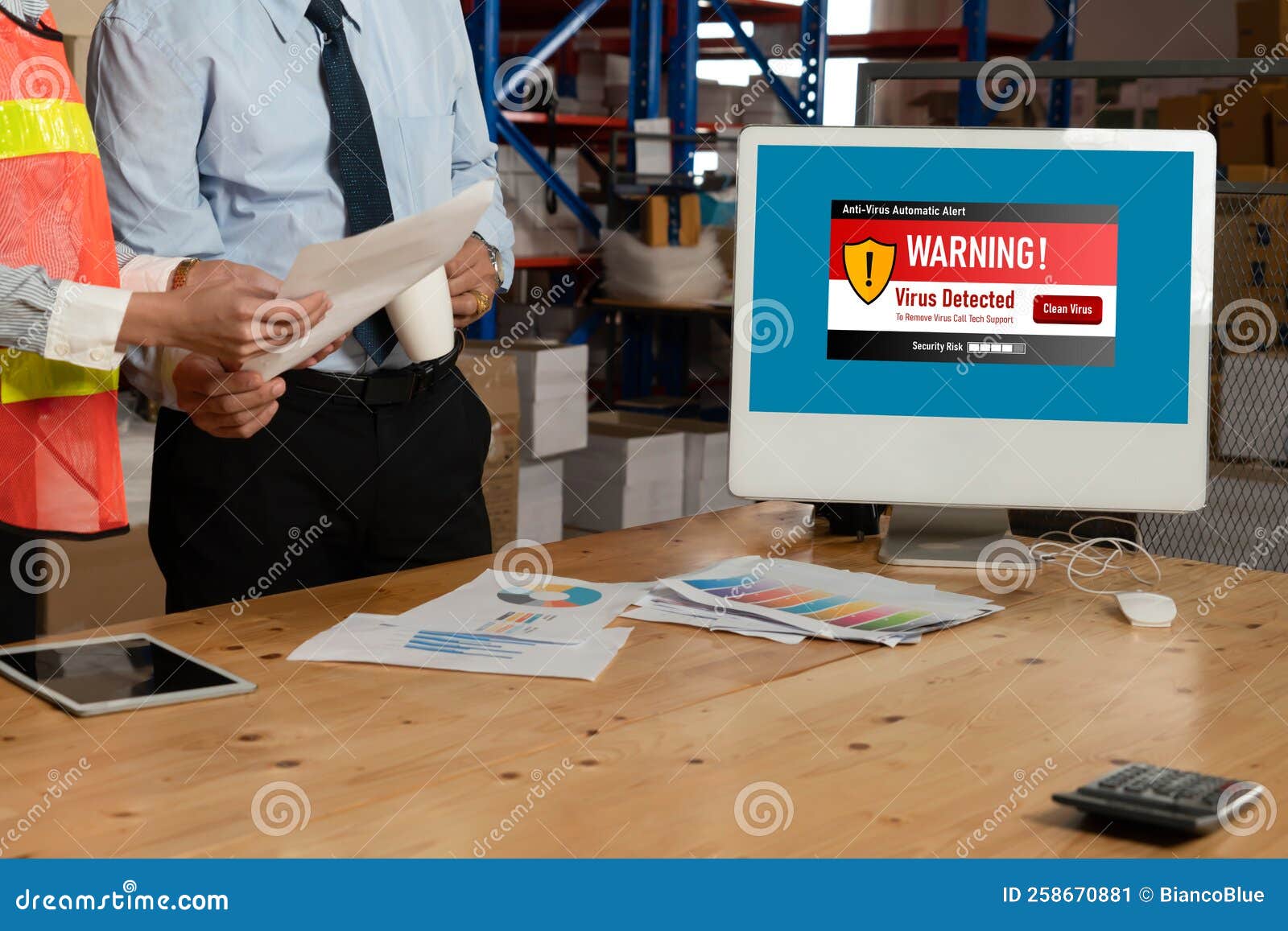 Computer with Green Screen Display in Warehouse Storage Room Stock ...