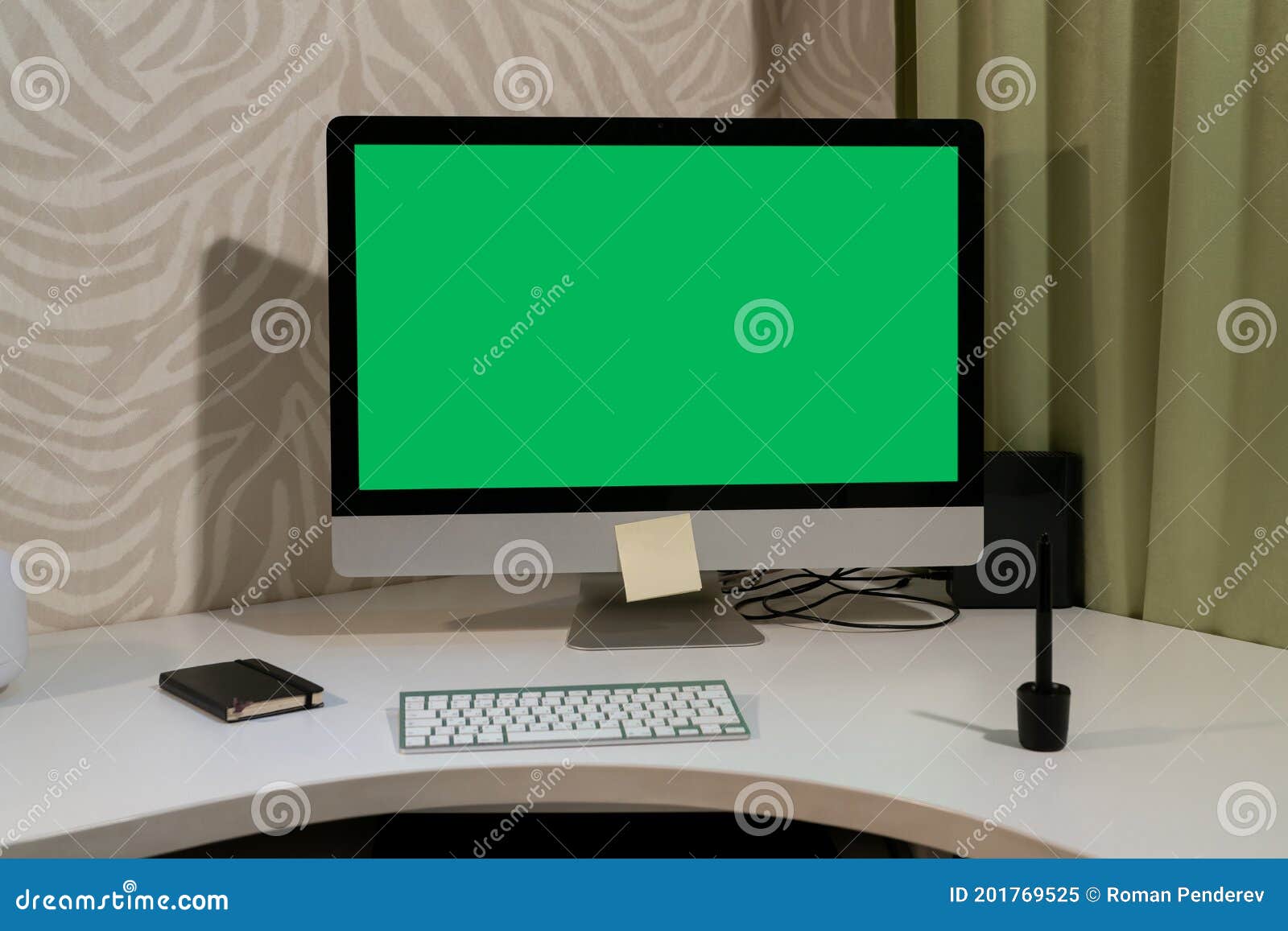 A Computer with a Green Screen Stands on the Table Stock Image - Image ...