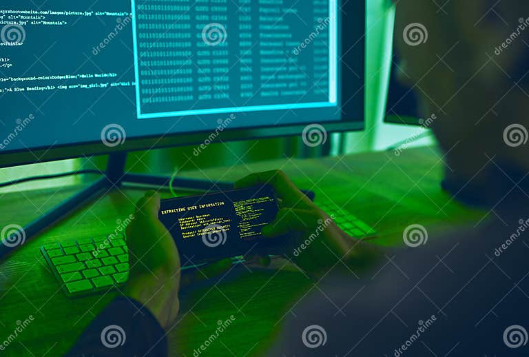 Computer Hacker, Coding and a Man with Phone for Phishing, Scam or ...