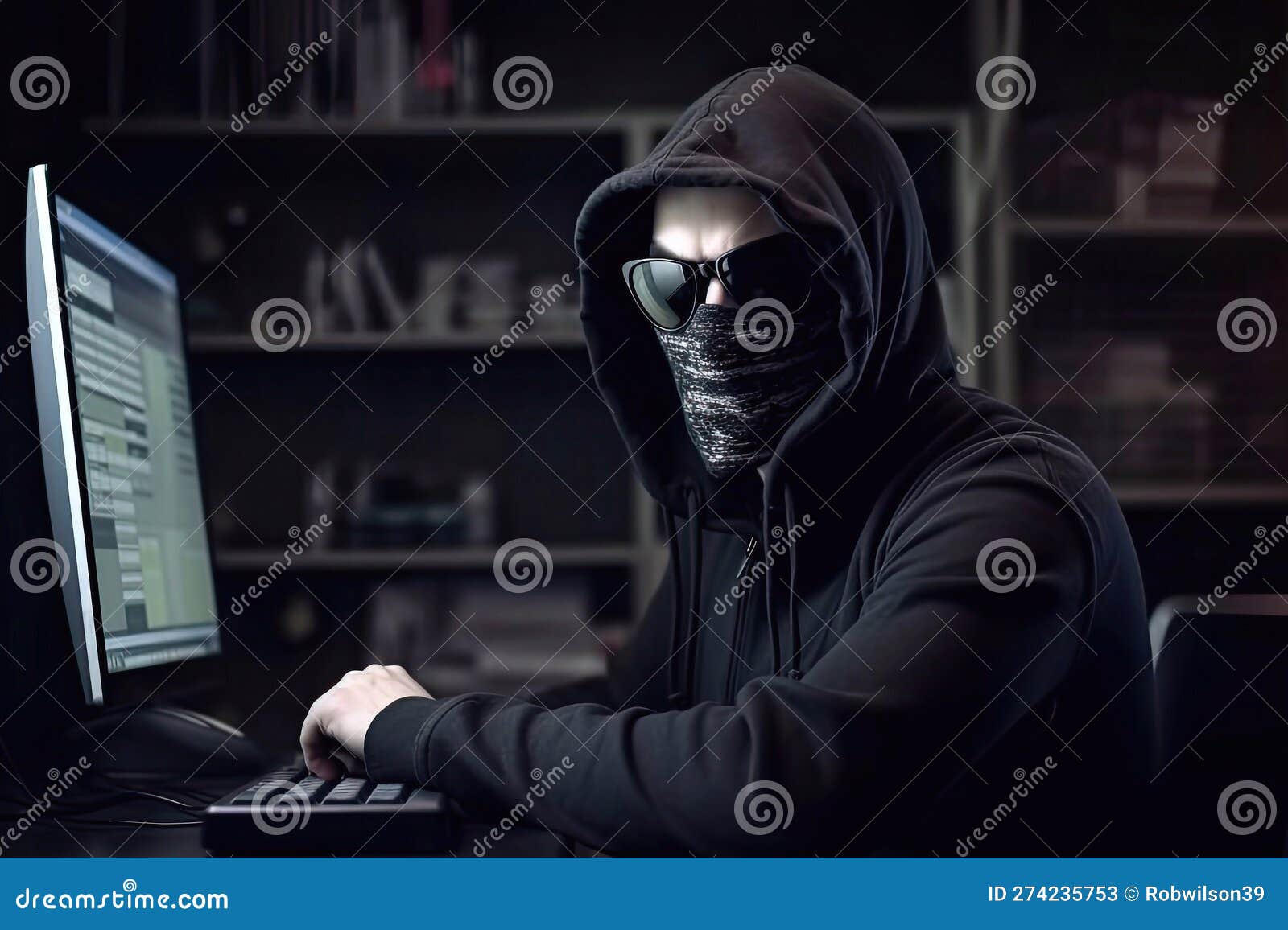 A Computer Hacker Conducting Cybercrime in a Dark Hoodie, Mask and ...