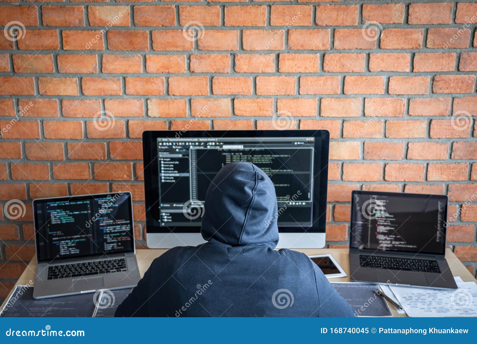 Computer Hacker Or Cyber Attack Concept Dangerous Hooded Hacker Using