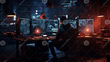 Computer Hacker Doing Coding on Computer while Sitting at Dark Office. Neural Network Ai ...