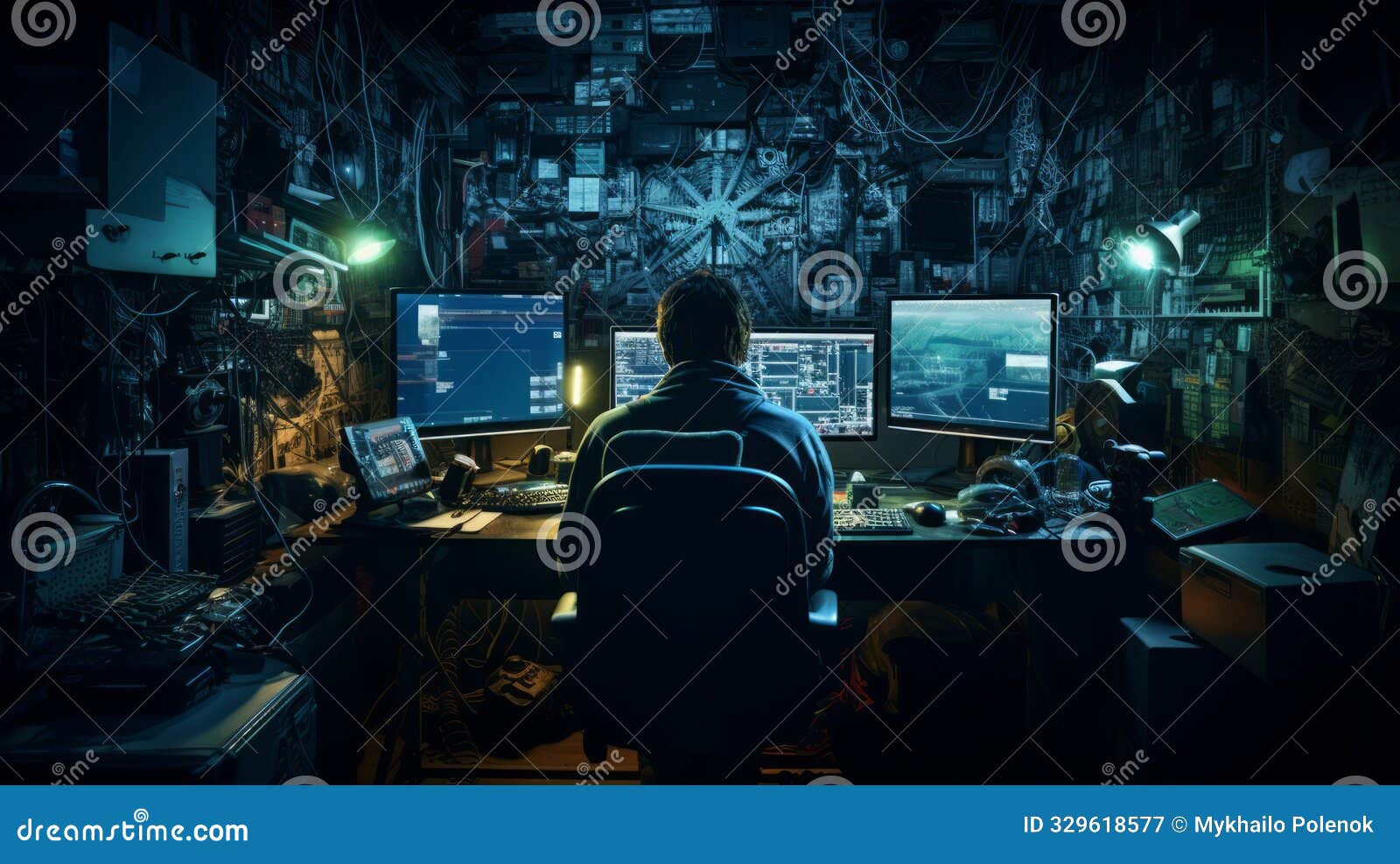 Computer Hacker Doing Coding On Computer While Sitting At Dark Office Neural Network Ai
