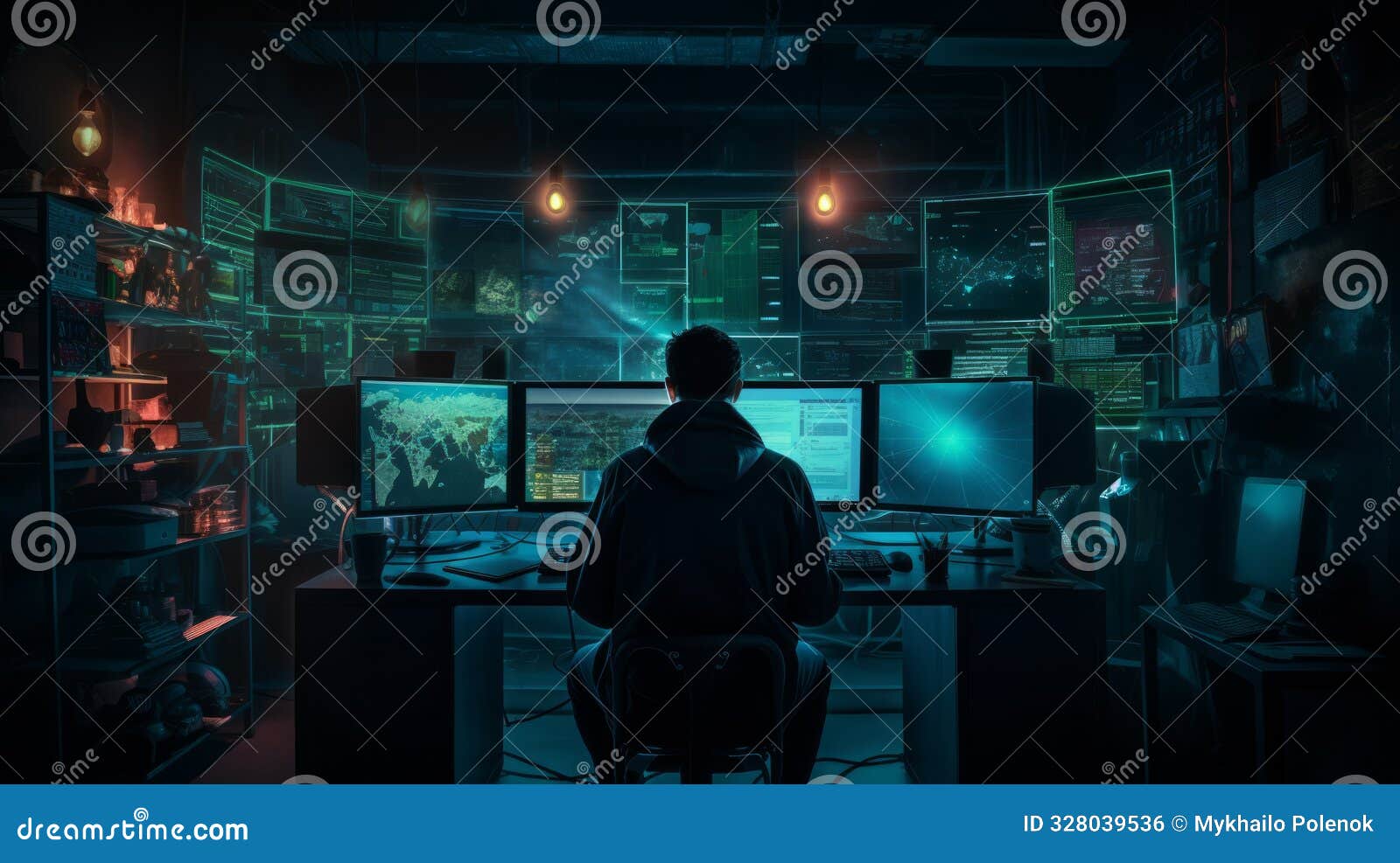 Computer Hacker Doing Coding On Computer While Sitting At Dark Office Neural Network Ai