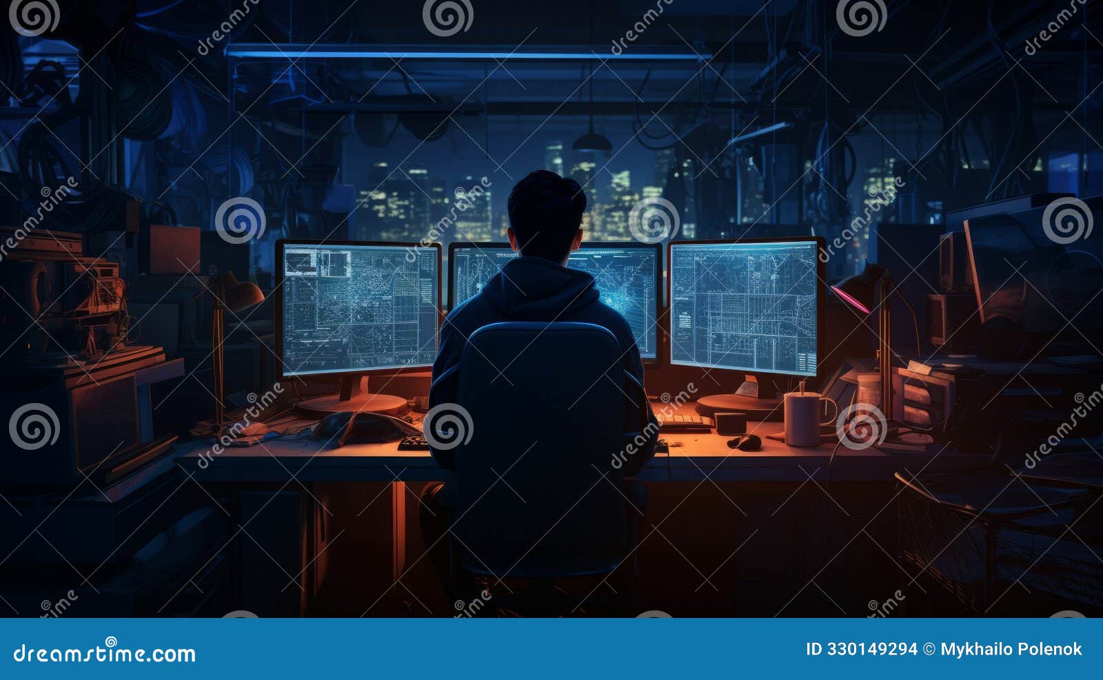 Computer Hacker Doing Coding On Computer While Sitting At Dark Office Neural Network Ai