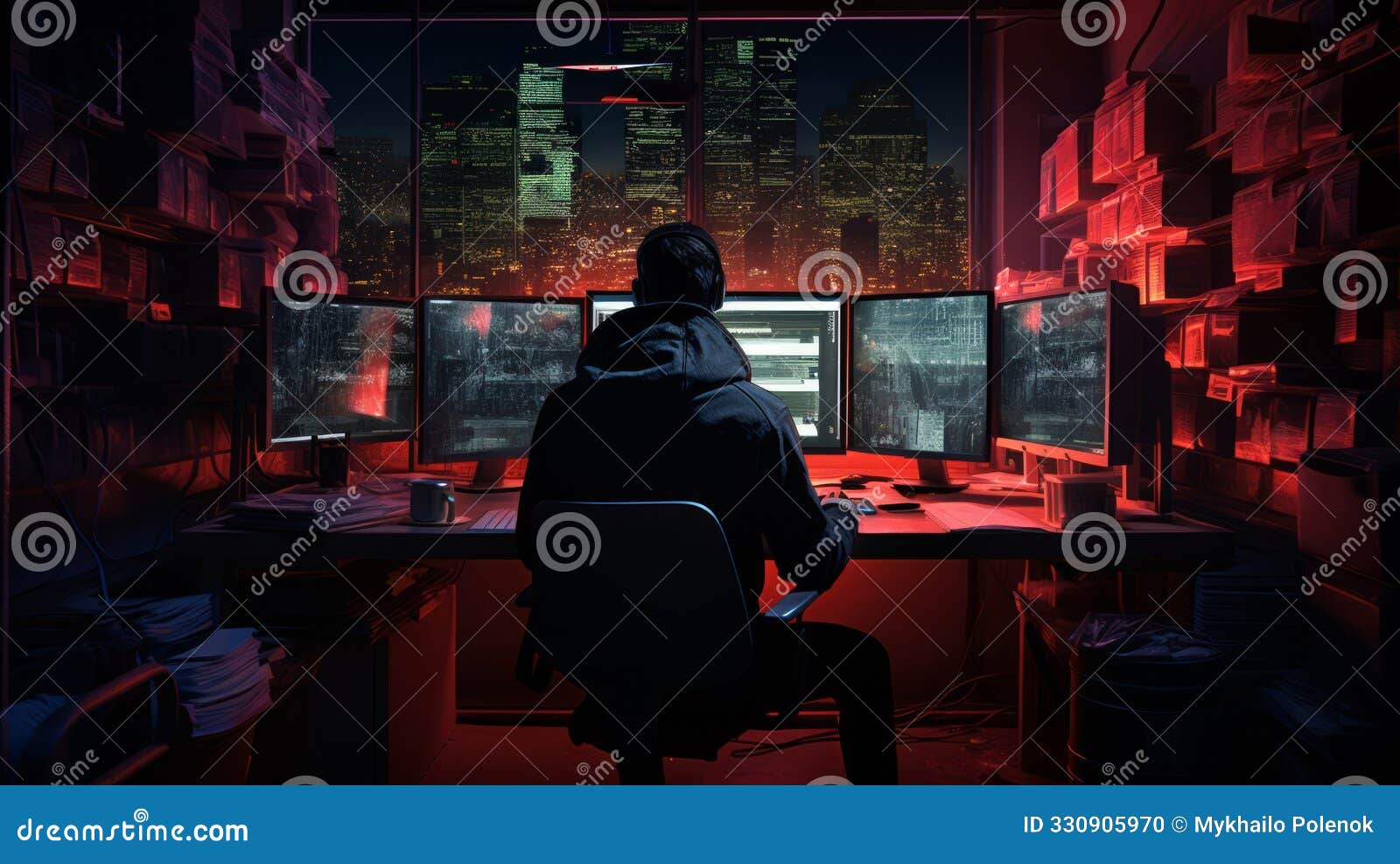 Computer Hacker Doing Coding on Computer while Sitting at Dark Office. Neural Network Ai ...