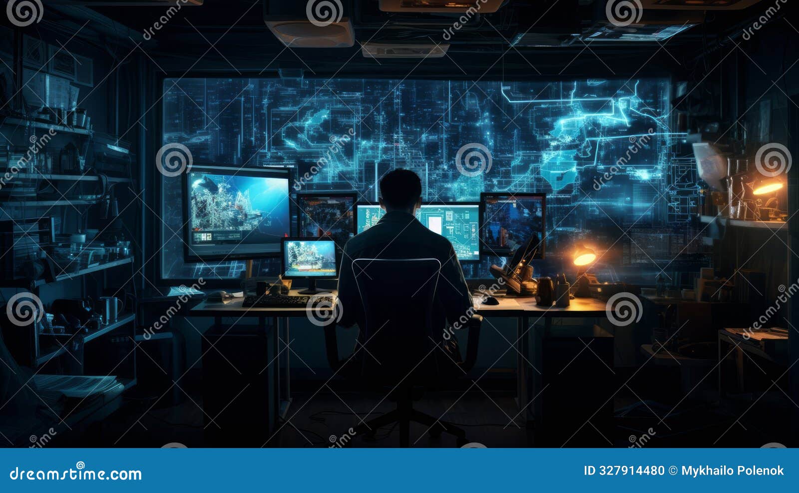 Computer Hacker Doing Coding On Computer While Sitting At Dark Office Neural Network Ai