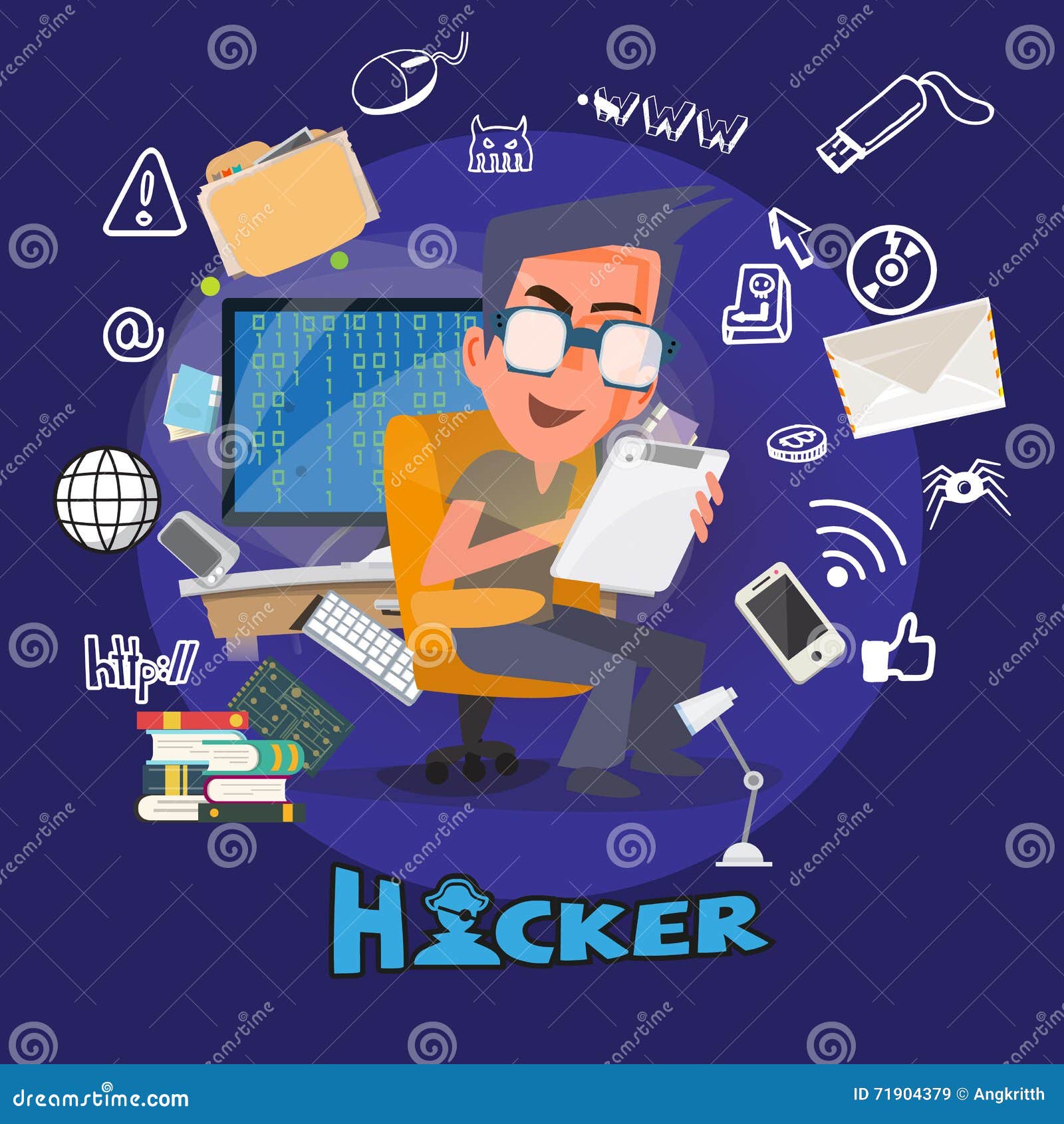 Computer Hacker in Hacking Action with Icons. Typographic Design Stock ...