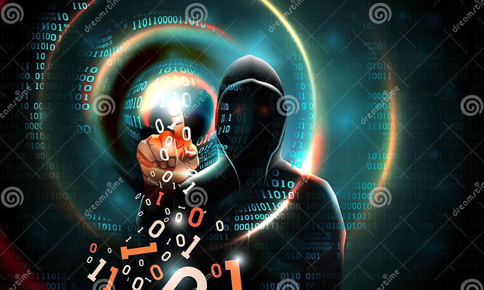 Computer Hacker Hood Touches Touch Screen Binary Code. Abstract Binary ...