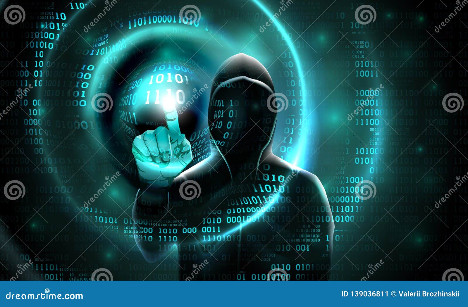 Computer Hacker With A Hood Touches Touch Screen Binary Code Abstract Binary Software Dark 4118
