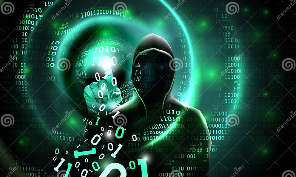 Computer Hacker With A Hood Touches The Touch Screen Binary Code Light Waves On Abstract Binary 1730